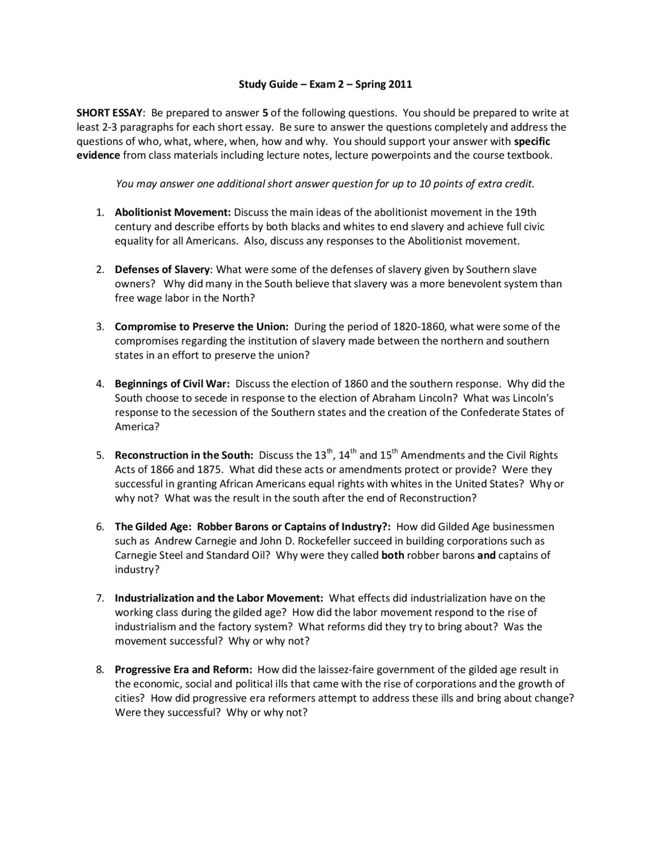 Study Guide for Exam 2 - Interpreting the American Past | HIST 104H ...