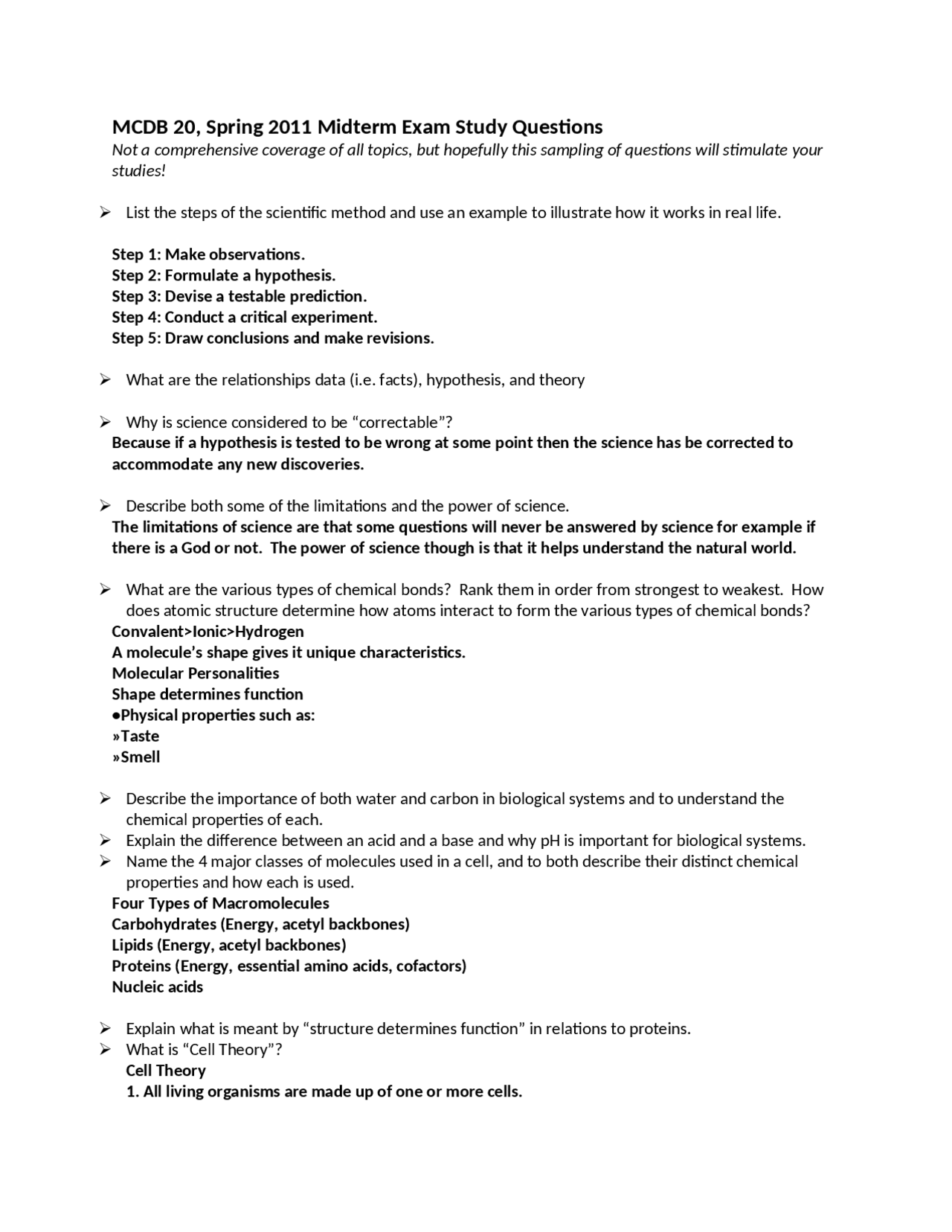 Midterm Exam 1 Review Questions Concepts Of Biology Mcdb 20 Docsity