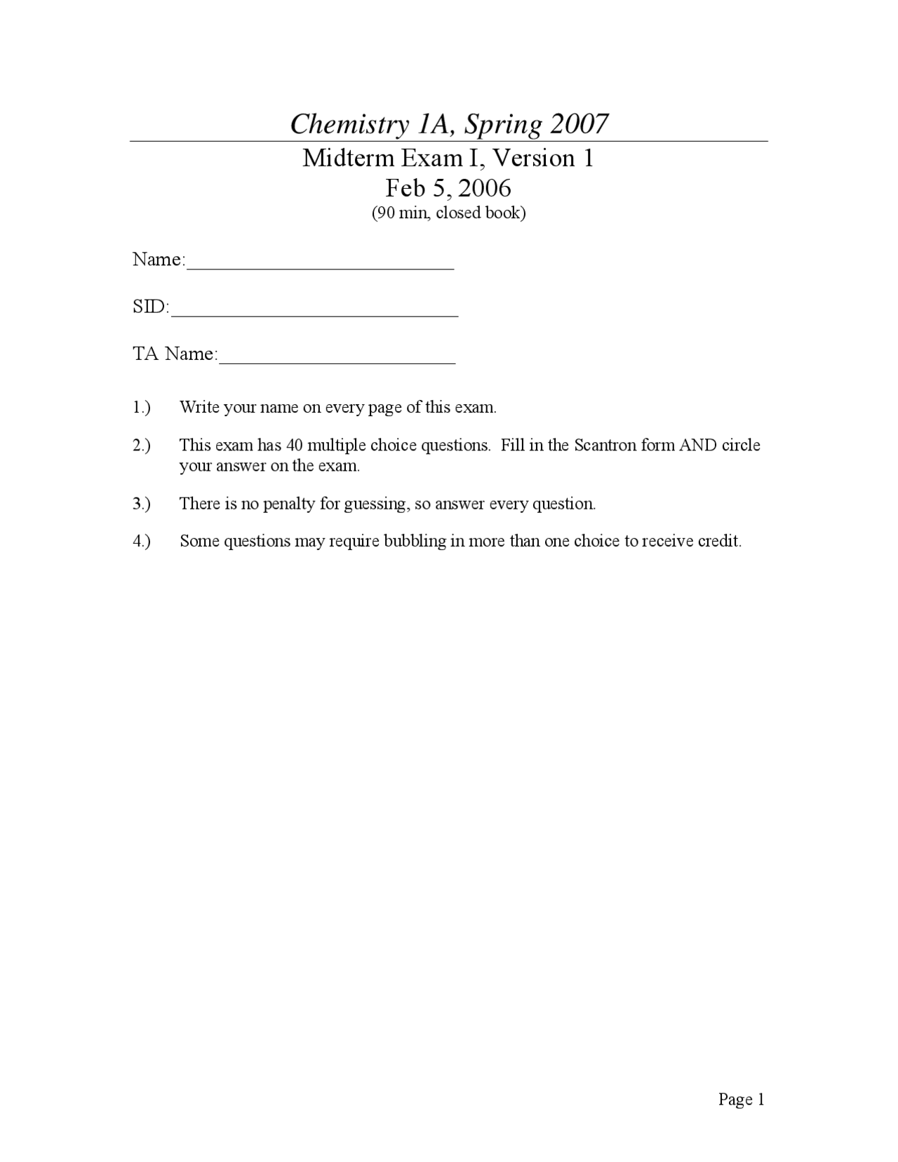 40 Questions Midterm Exam for General Chemistry | CHEM 001B - Docsity