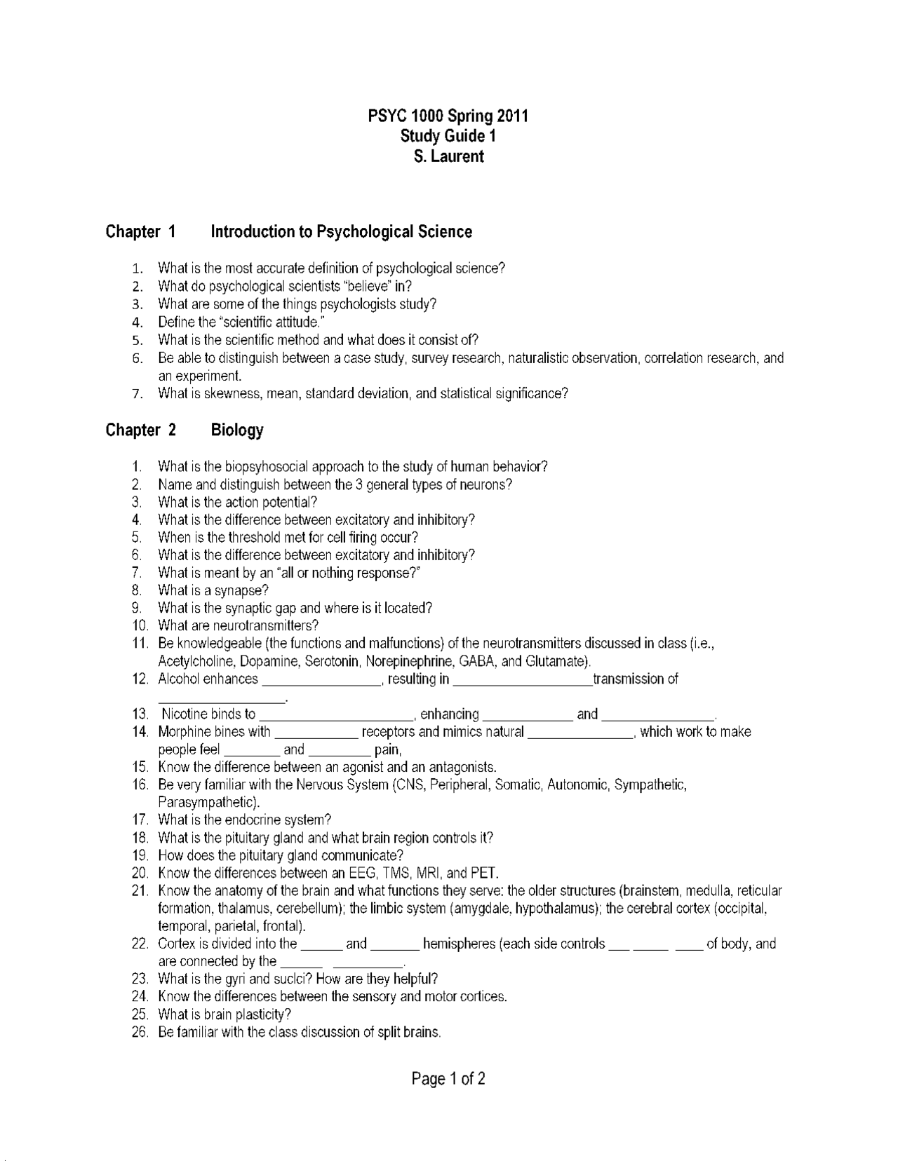 Introduction To Psychological Science Psyc 1000 Docsity