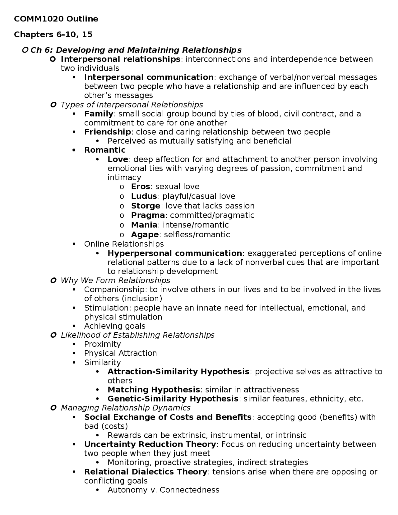Introduction To Communication Lecture Notes Comm 1020 Docsity