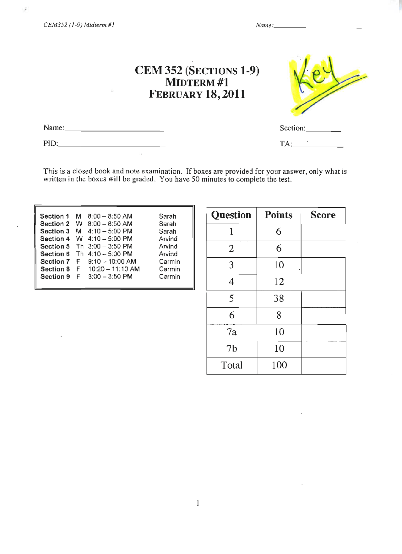 Solved Midterm Exam 1 For Organic Chemistry Ii Cem 352 Docsity