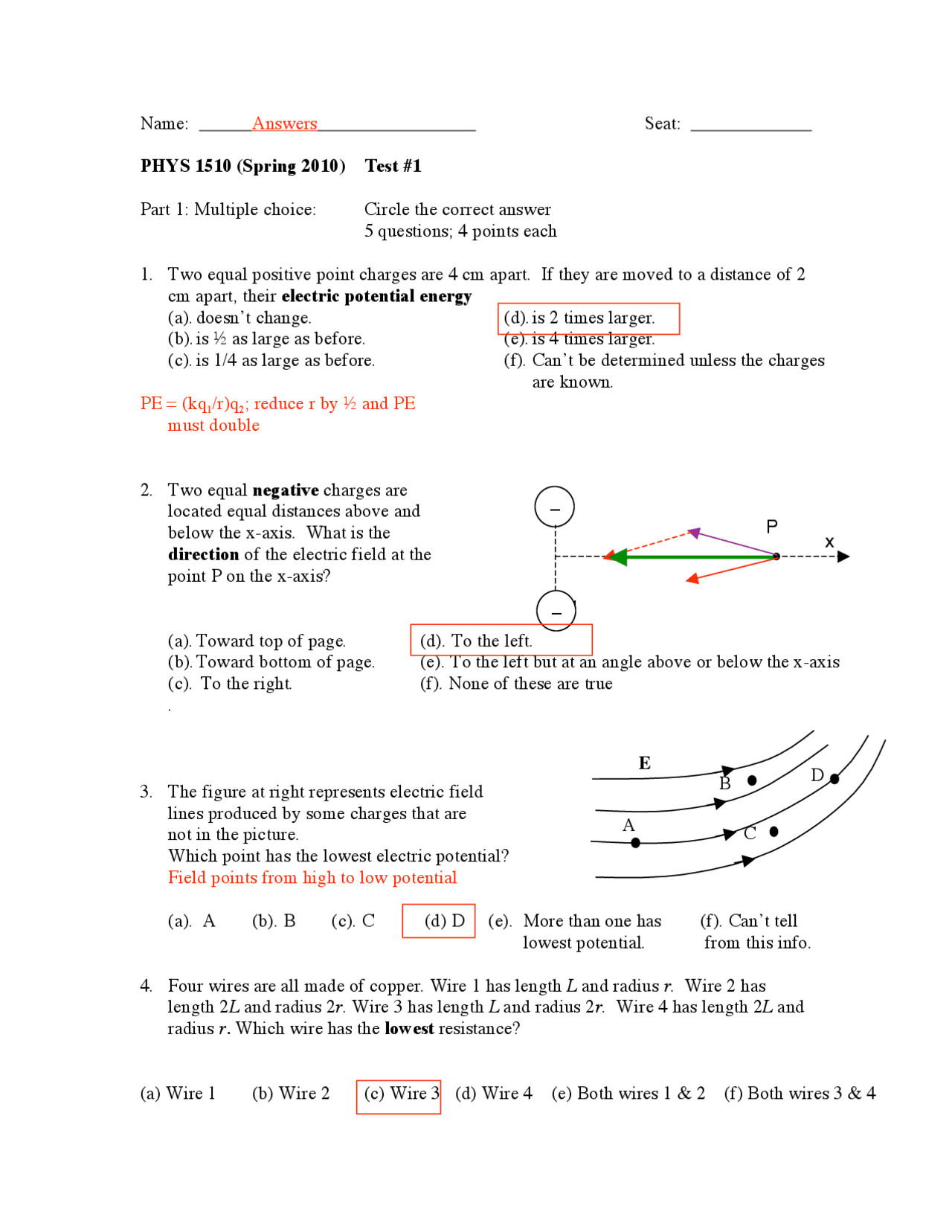 Past Test 1 with Answers - General Physics II | PHYS 1510 - Docsity