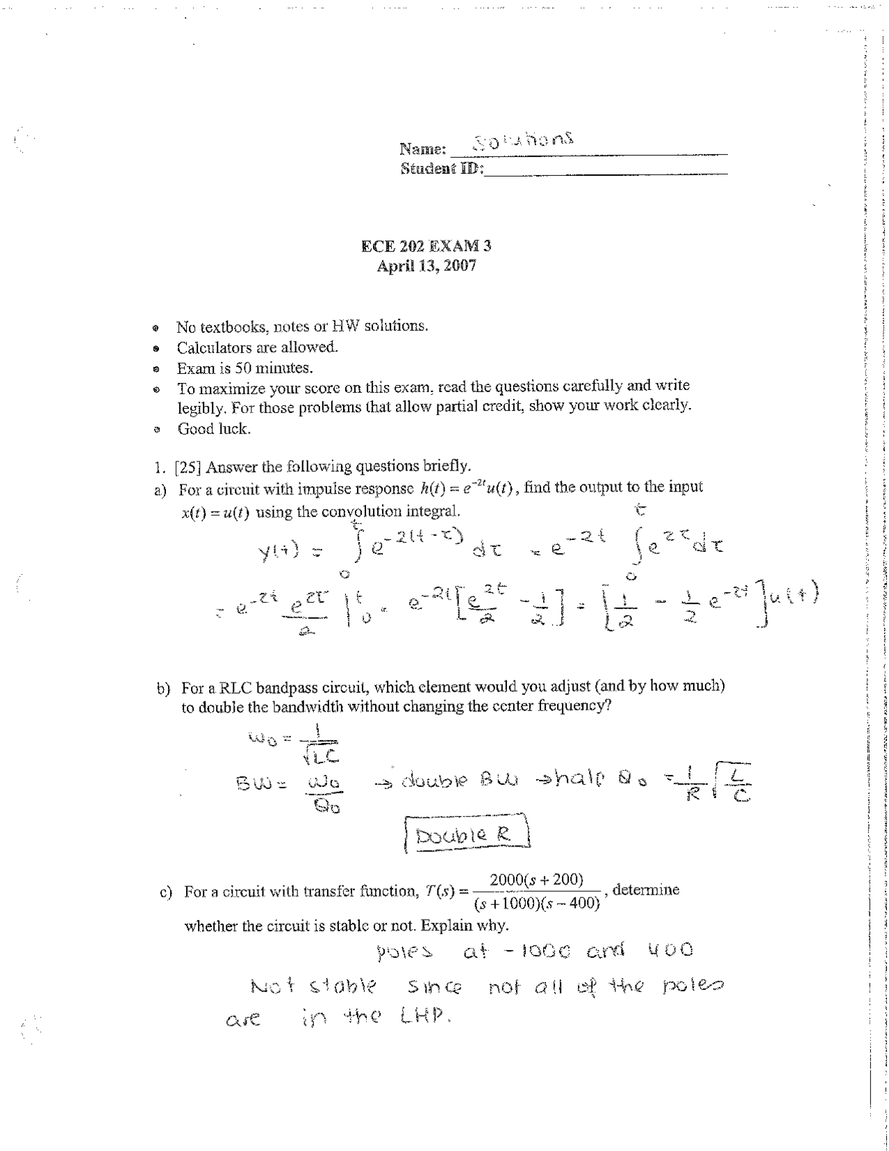 Exam 3 Solutions Circuits And Systems Ii Ece 202 Docsity