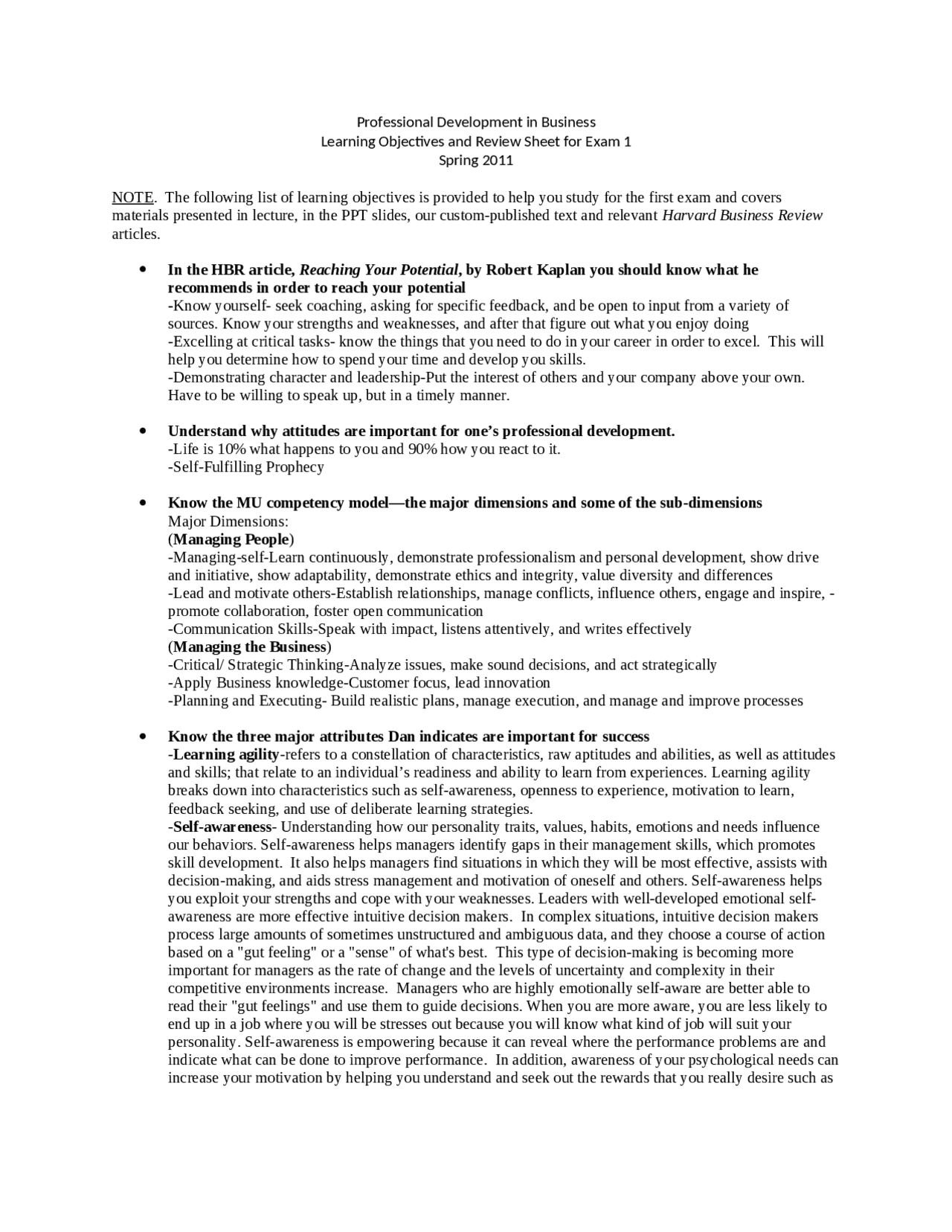 Learning Objectives Exam 1 Professional Development In Business