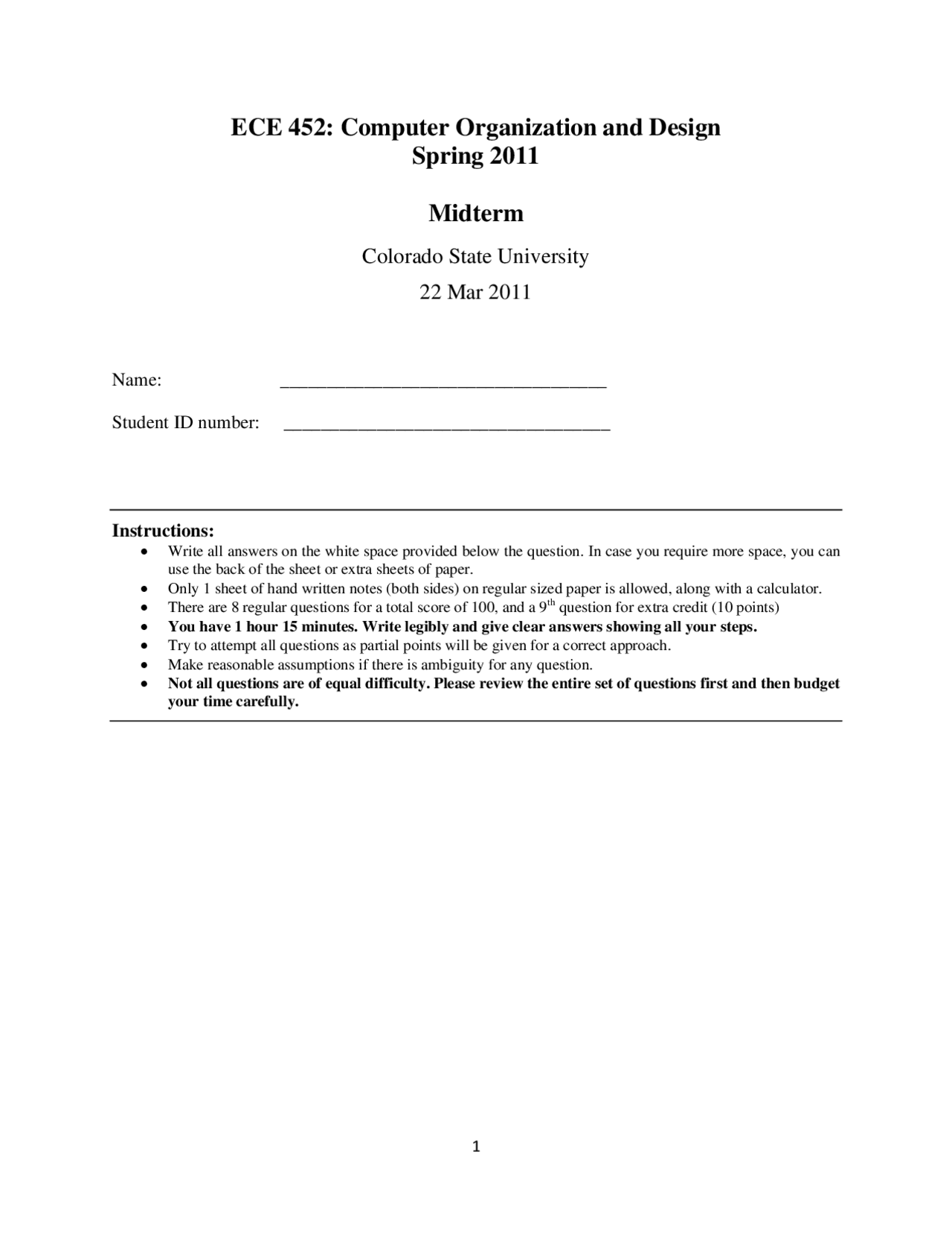 Midterm Exam Solutions Computer Organization And Design Ece 452