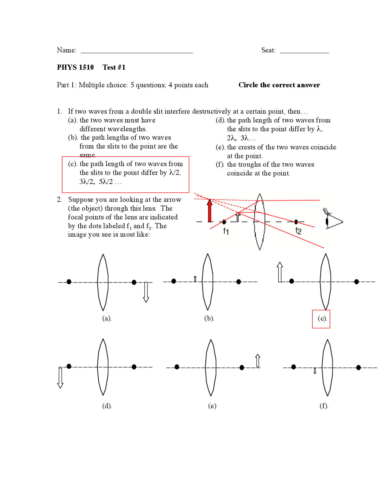 Test #1 with Answer Key - General Physics II | PHYS 1510 - Docsity