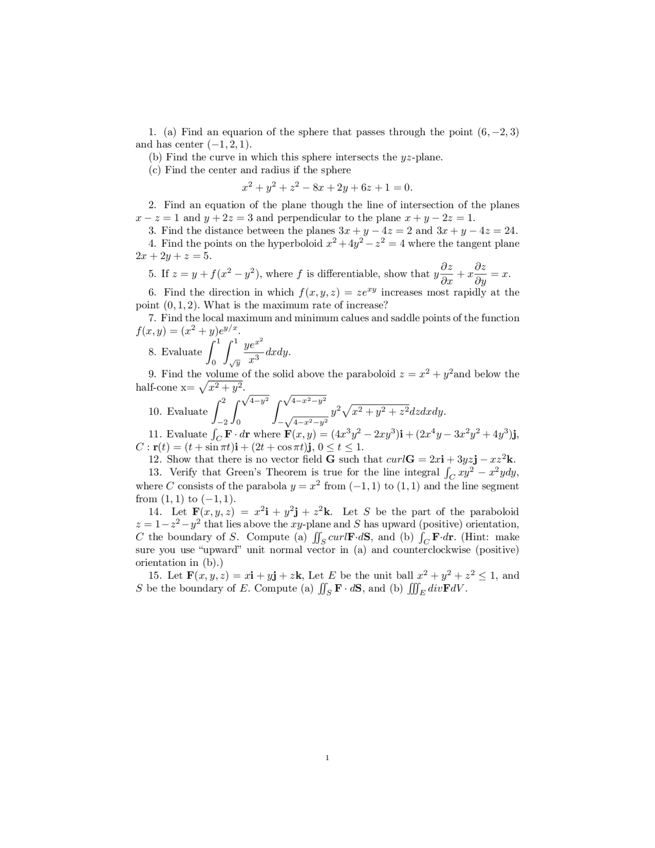 15 Question Of Multivariable Calculus Final Exam Math 2110 Docsity