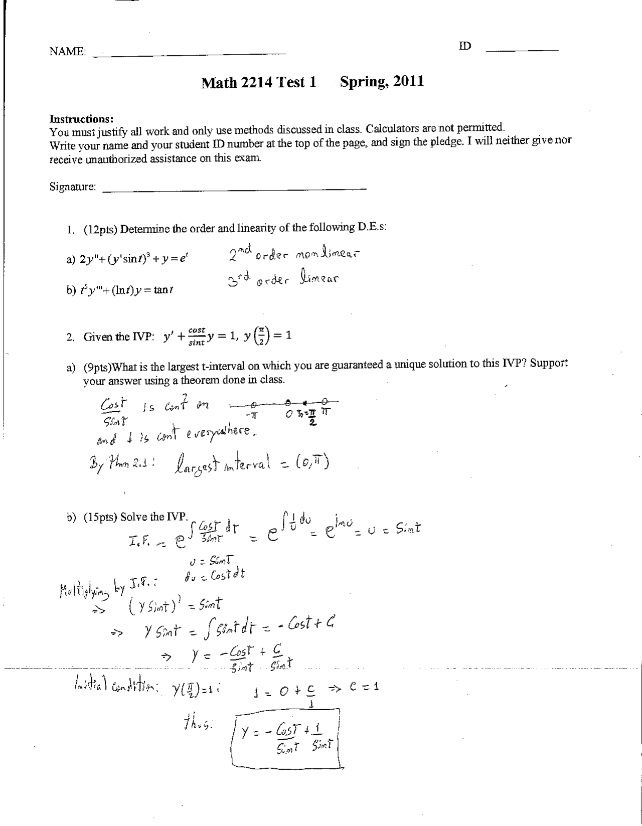 Exam 1 Questions With Solution Introduction To Differential Equation