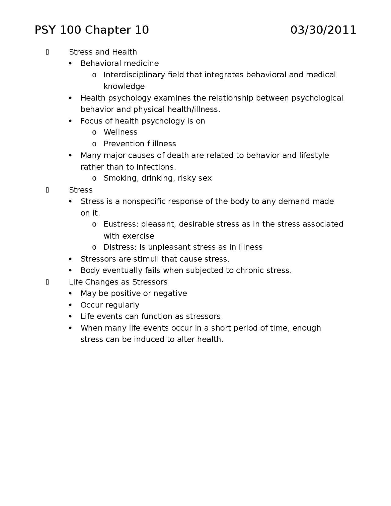 Stress And Health Introduction To Psychology Lecture Notes Psy