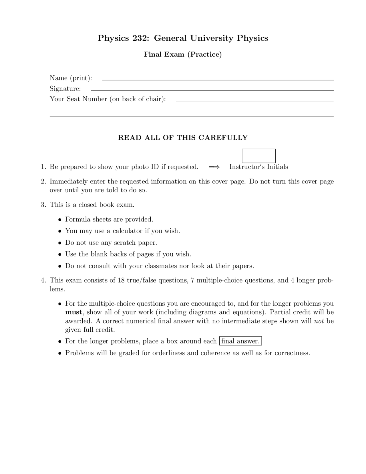 Final Exam With Answers For General Universal Physics Phy 232 Docsity