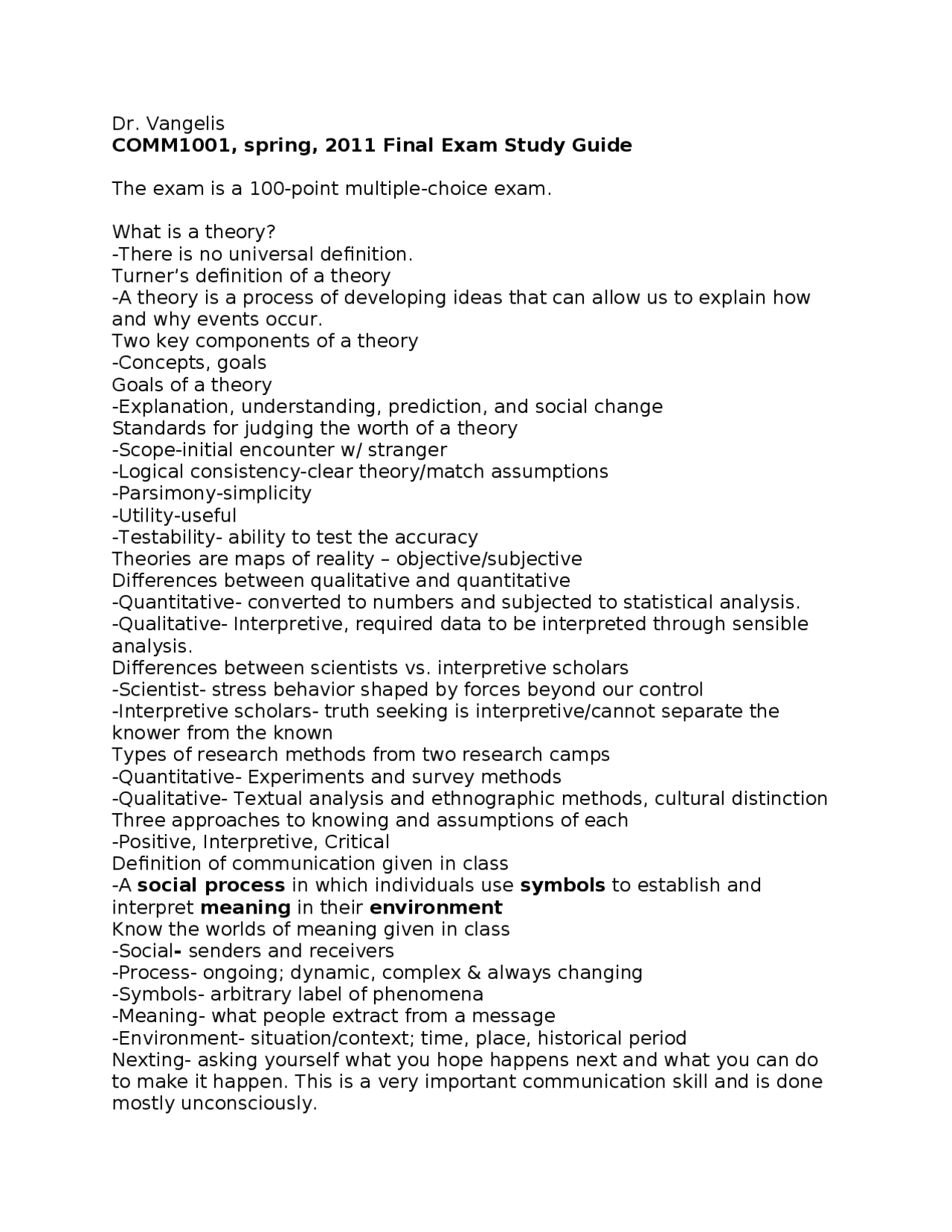 Final Exam Study Guide for Introduction to Communications | COMM 1001 - Docsity