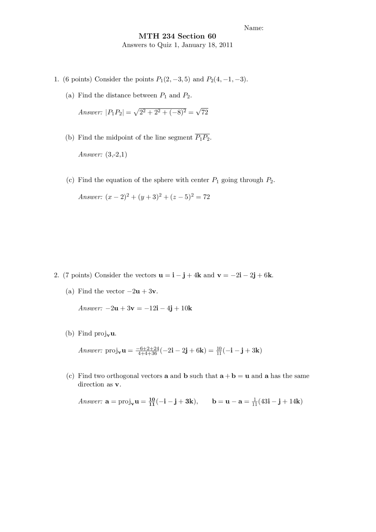 Quiz Answers for MTH 234 Section 60, January 18, 2011 - Prof. Milan Miklavcic | Quizzes Calculus ...