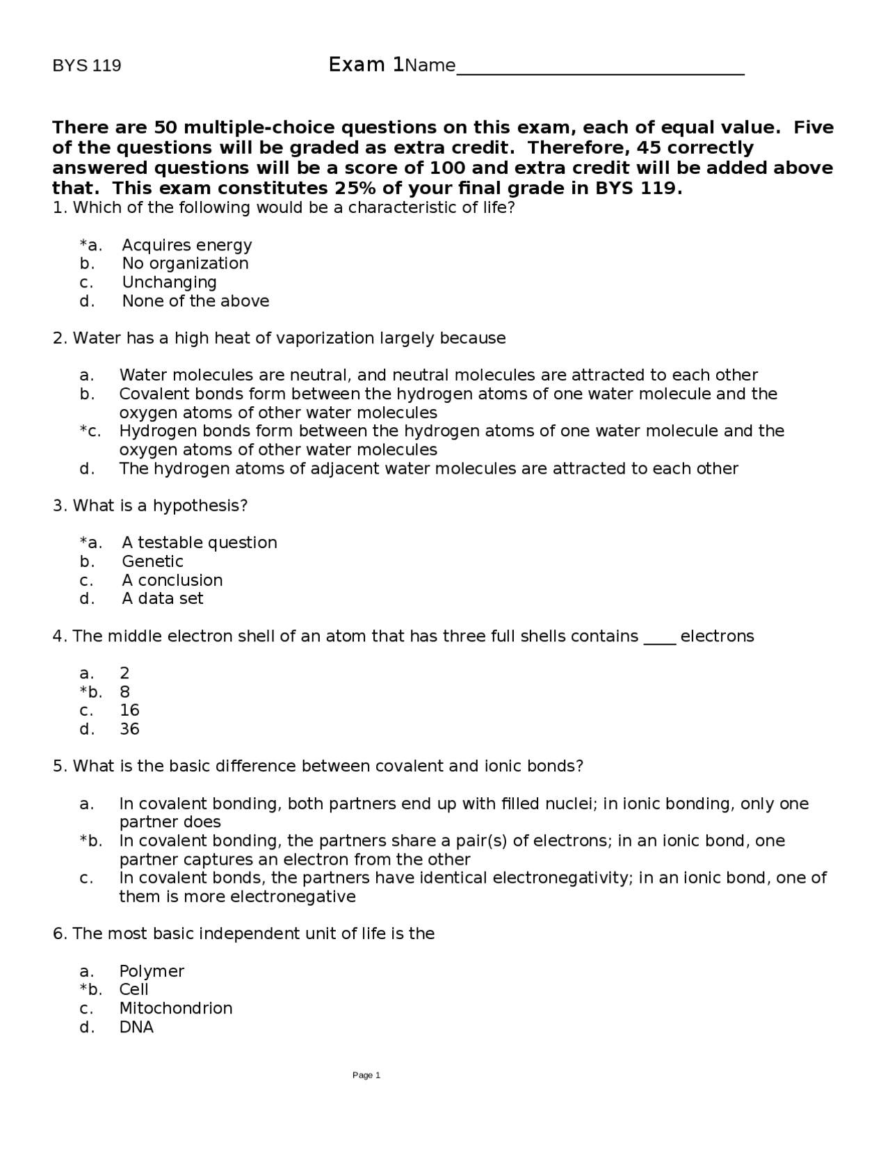 50 Mcqs For Exam 1 Principle Of Biology Bys 119 Docsity