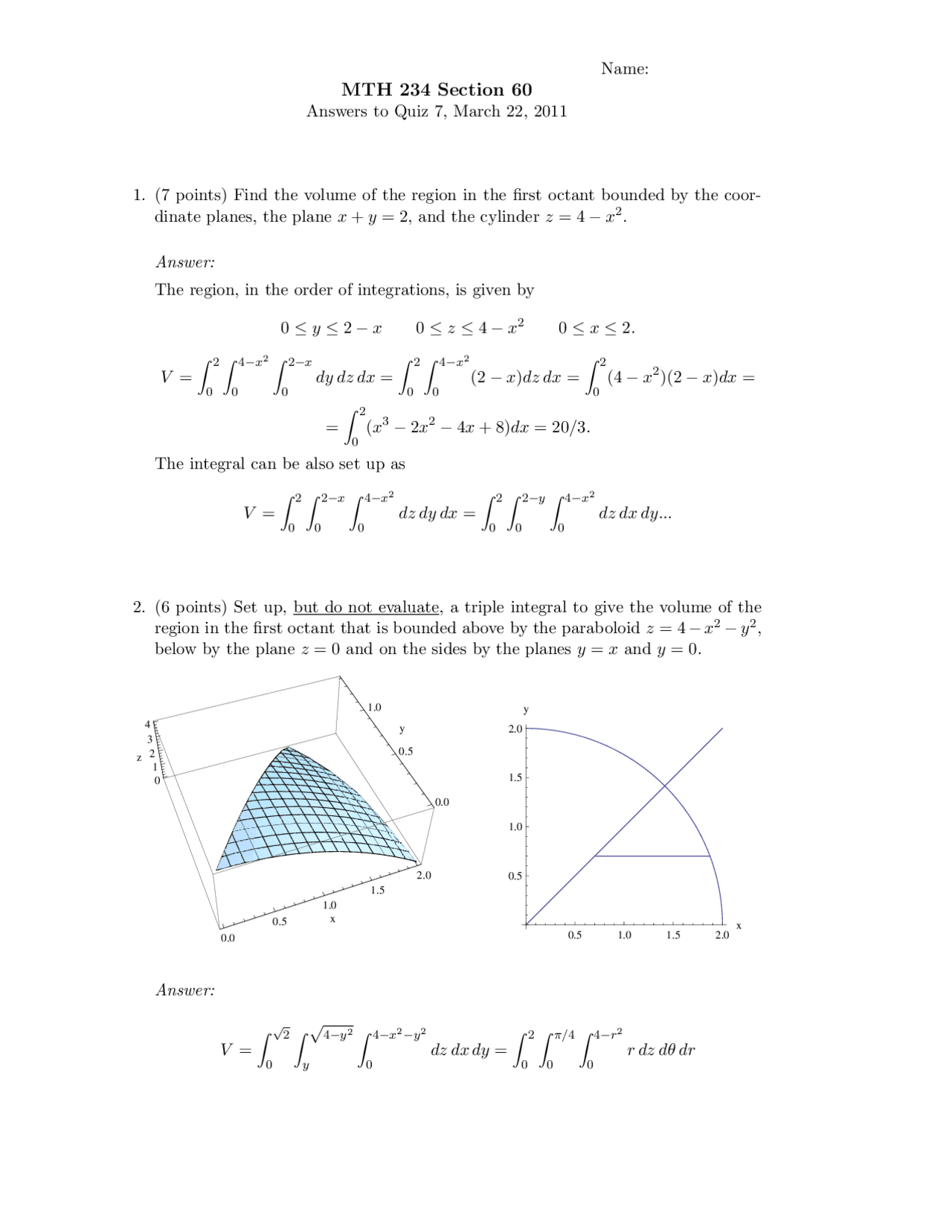 Quiz 7 With Solution For Multivariable Calculus Mth 234 Docsity