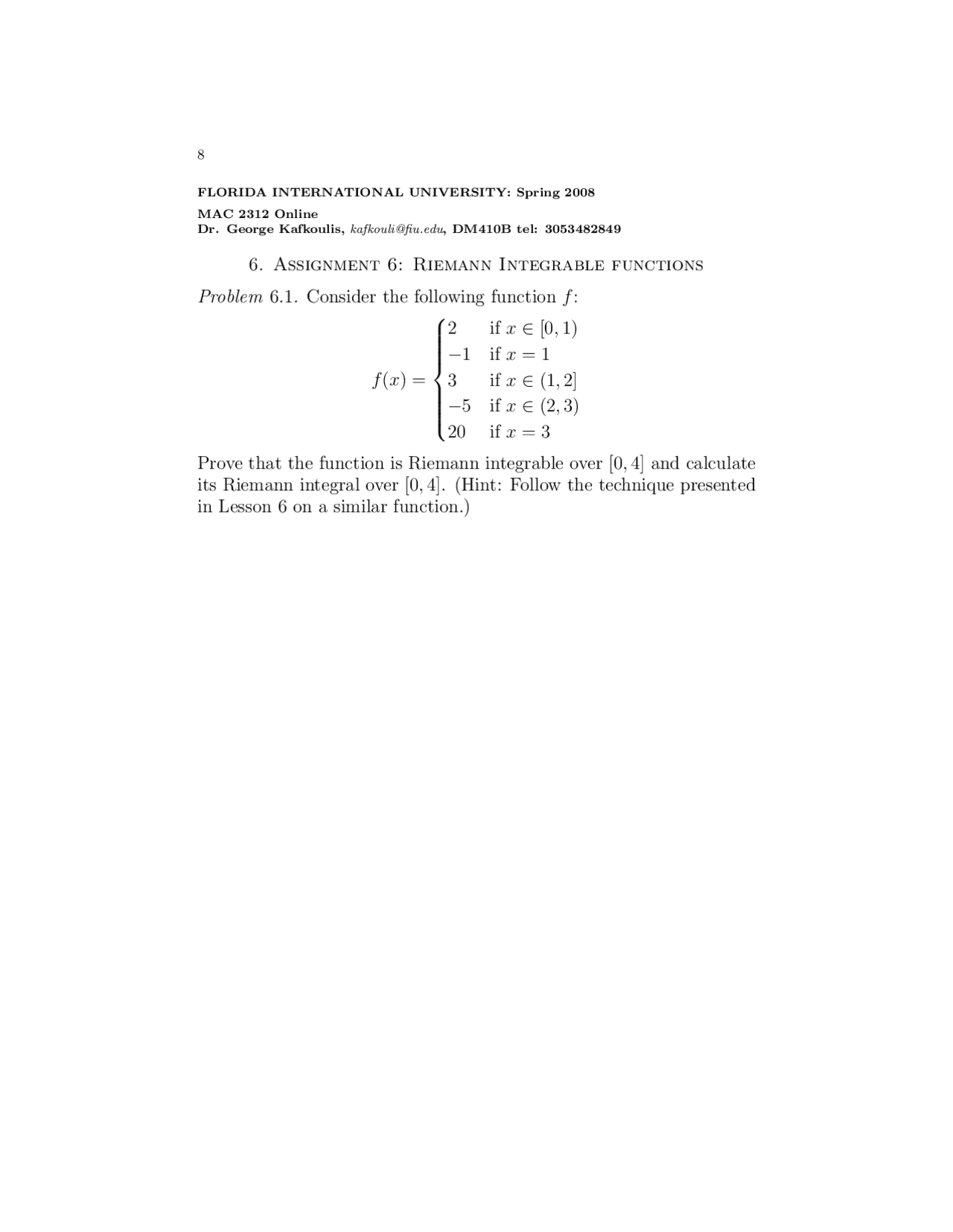 Riemann Integrable Functions Assignment 6 Problems Mac 2312 Docsity