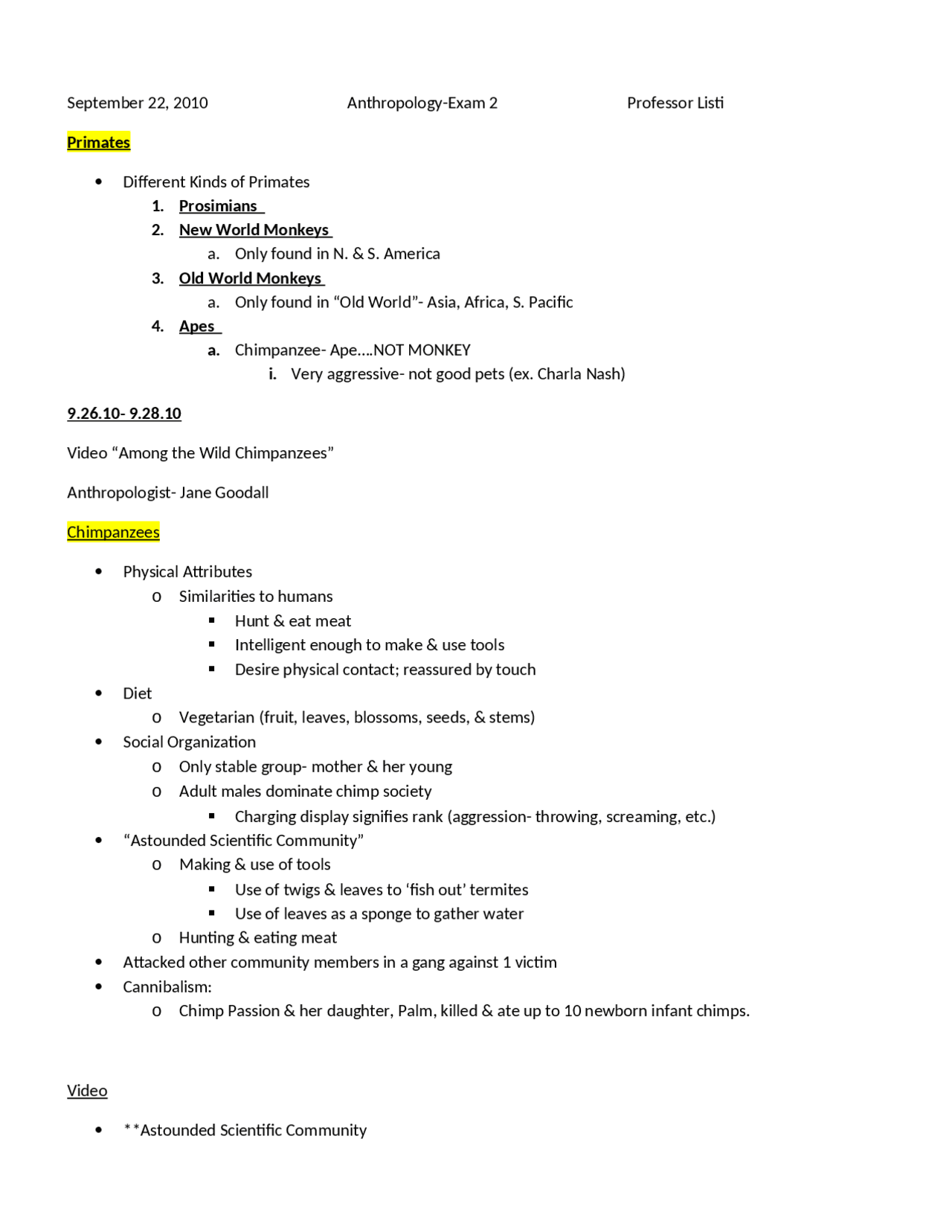 Exam 2 Physical Anthropology And Prehistory 2010 Anth 1001 Docsity