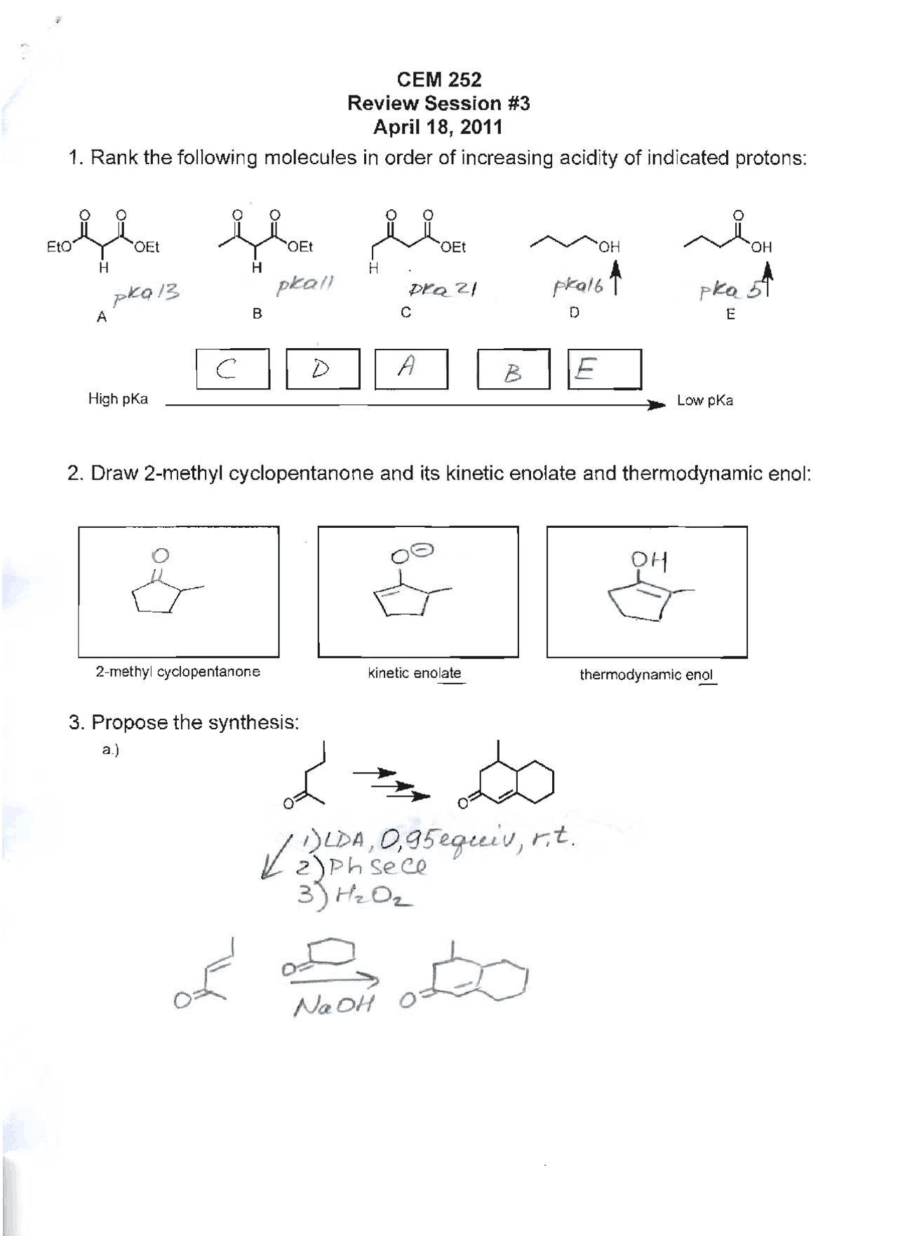 Review Session 3 With Answers Organic Chemistry Ii Cem 252 Docsity