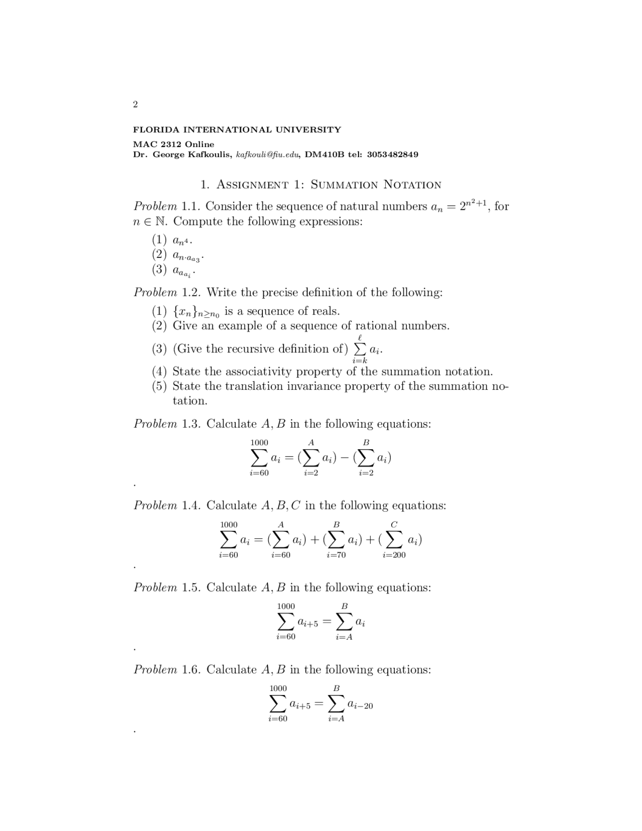 Summation Notation - Assignment 1 | MAC 2312 | Study notes Calculus ...
