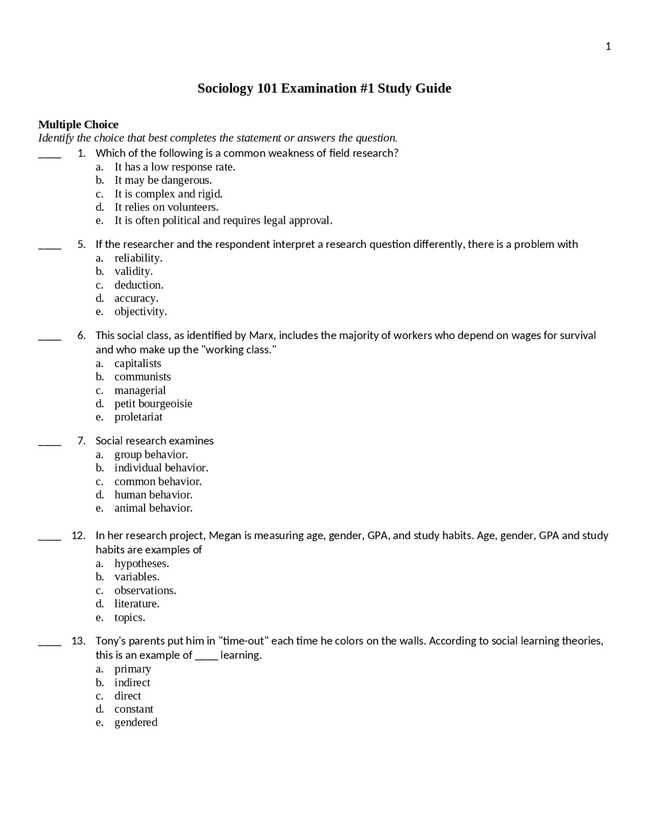 Exam 1 Study Guide - Introduction to Sociology | SOCA 101 | Study notes ...