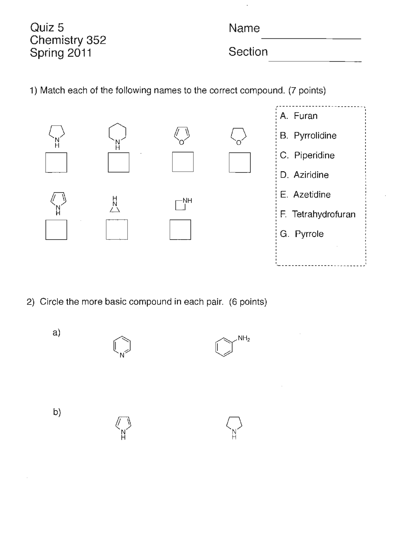 Solution For Quiz 5 Questions Organic Chemistry Ii Cem 352 Docsity