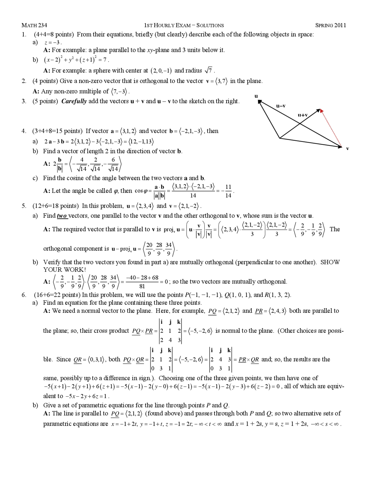 Exam 1 Question Paper Multivariable Calculus Mth 234 Exams