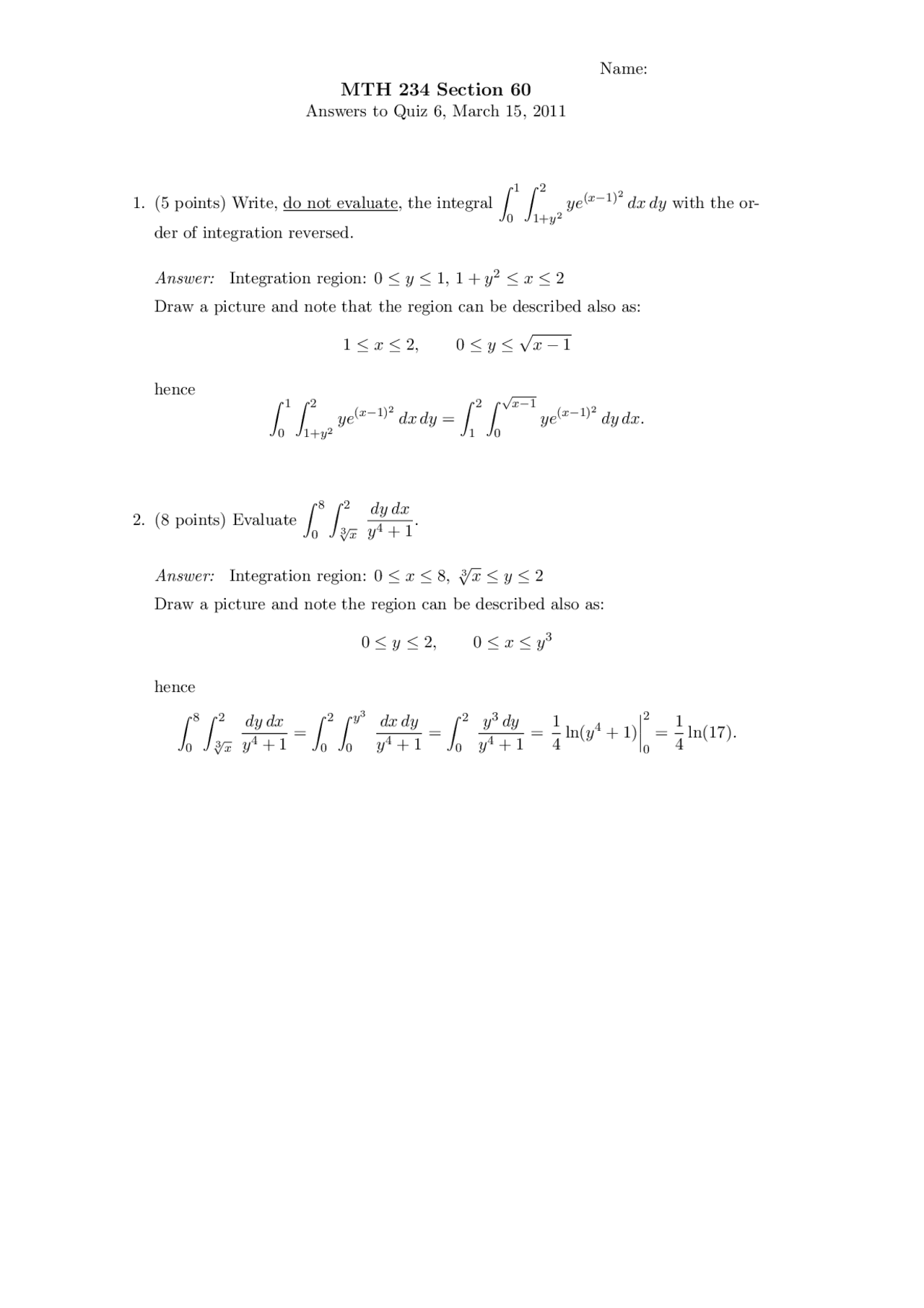 Answers to Quiz 6 - Multivariable Calculus | MTH 234 | Quizzes Calculus | Docsity