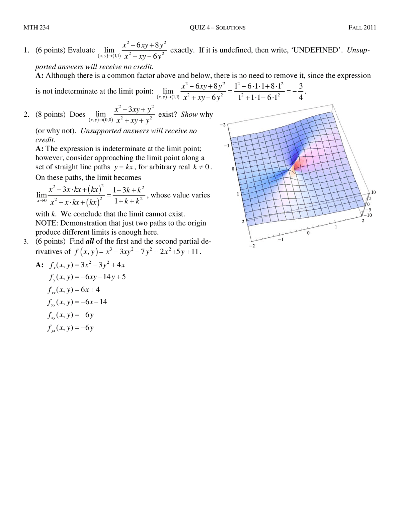 Multivariable Calculus Quiz 4 Solutions Mth 234 Docsity