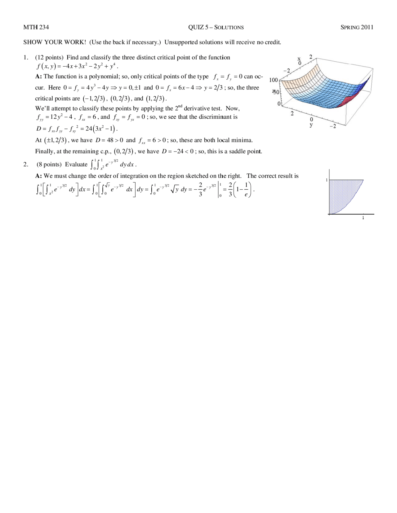 Quiz 5 Solutions Multivariable Calculus Mth 234 Docsity
