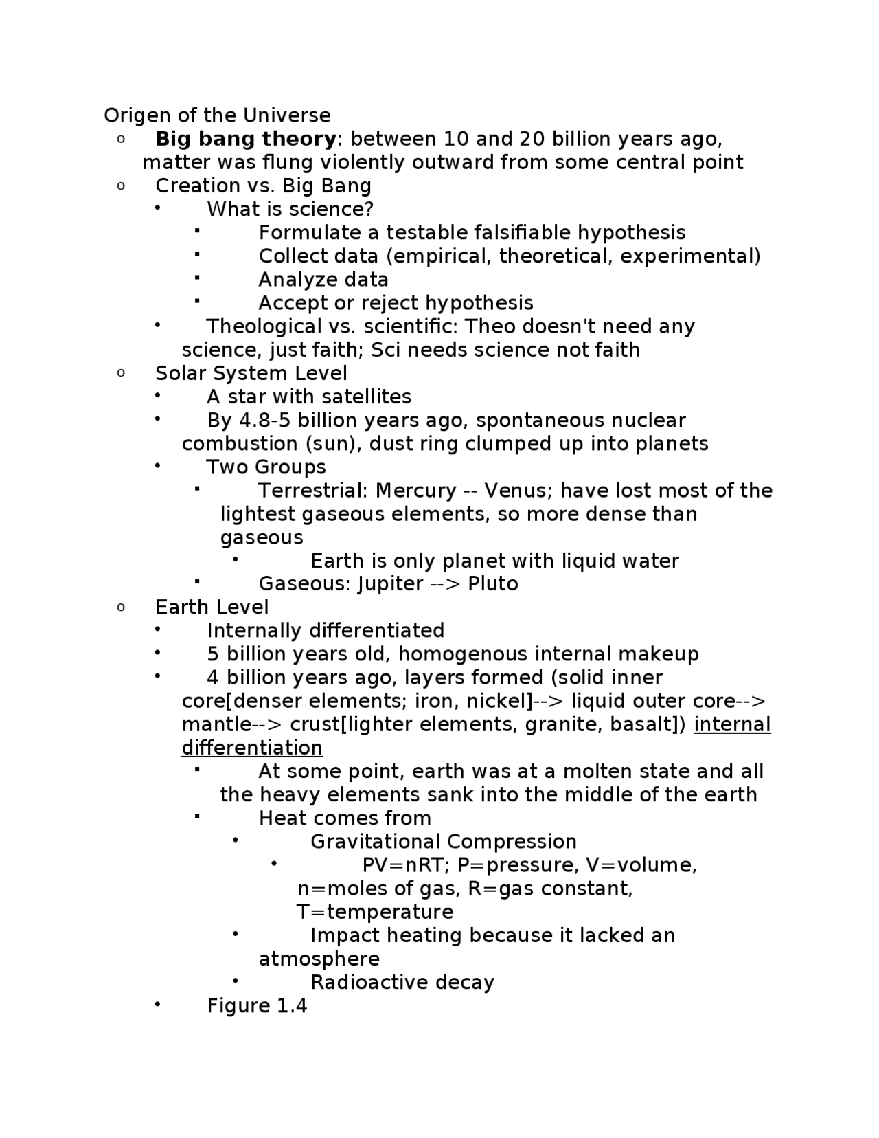 Origin Of Universe Solar System Level Lecture Notes Geol 1121
