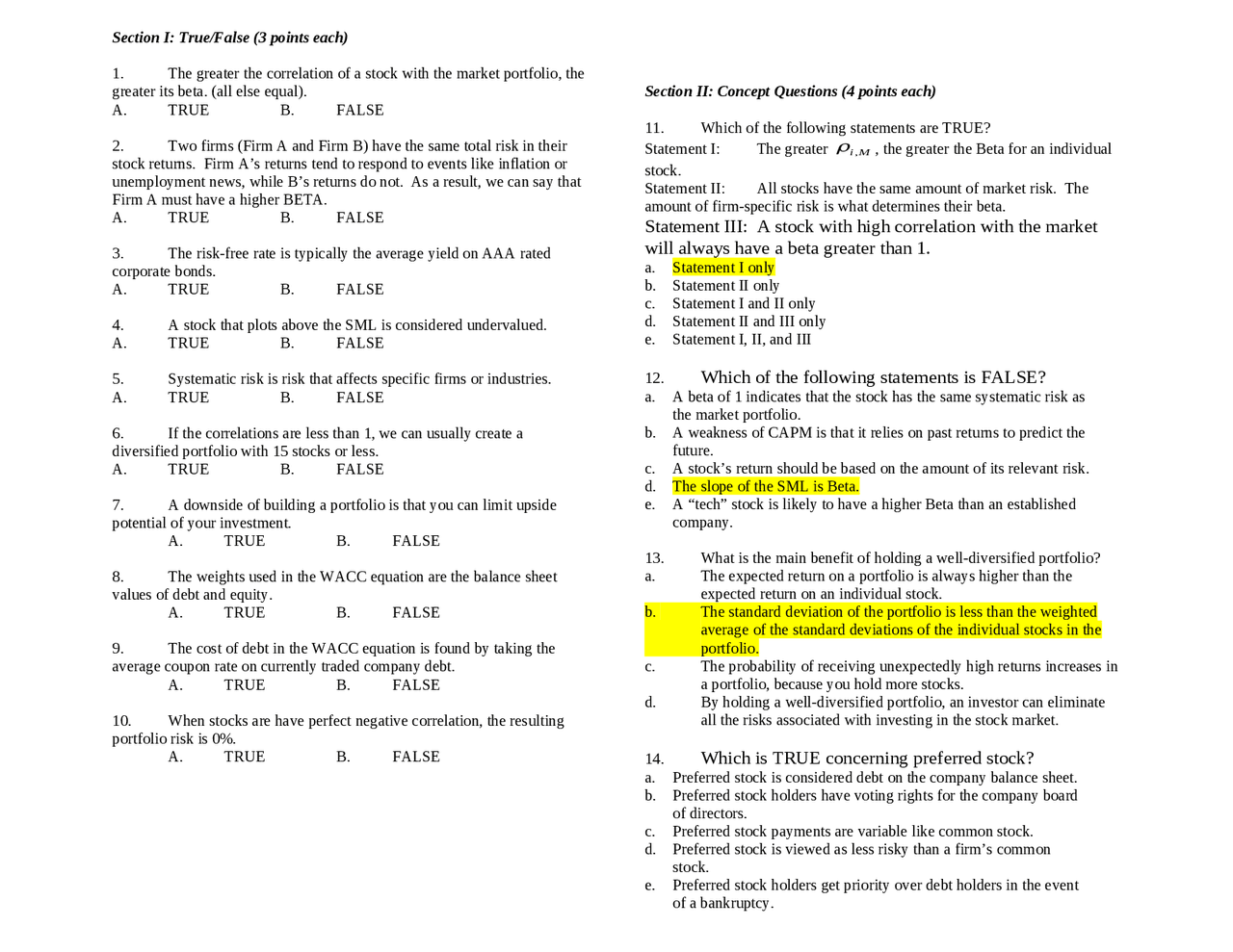Sample of Finance Exam 4 with Solutions | FINA 3000 - Docsity