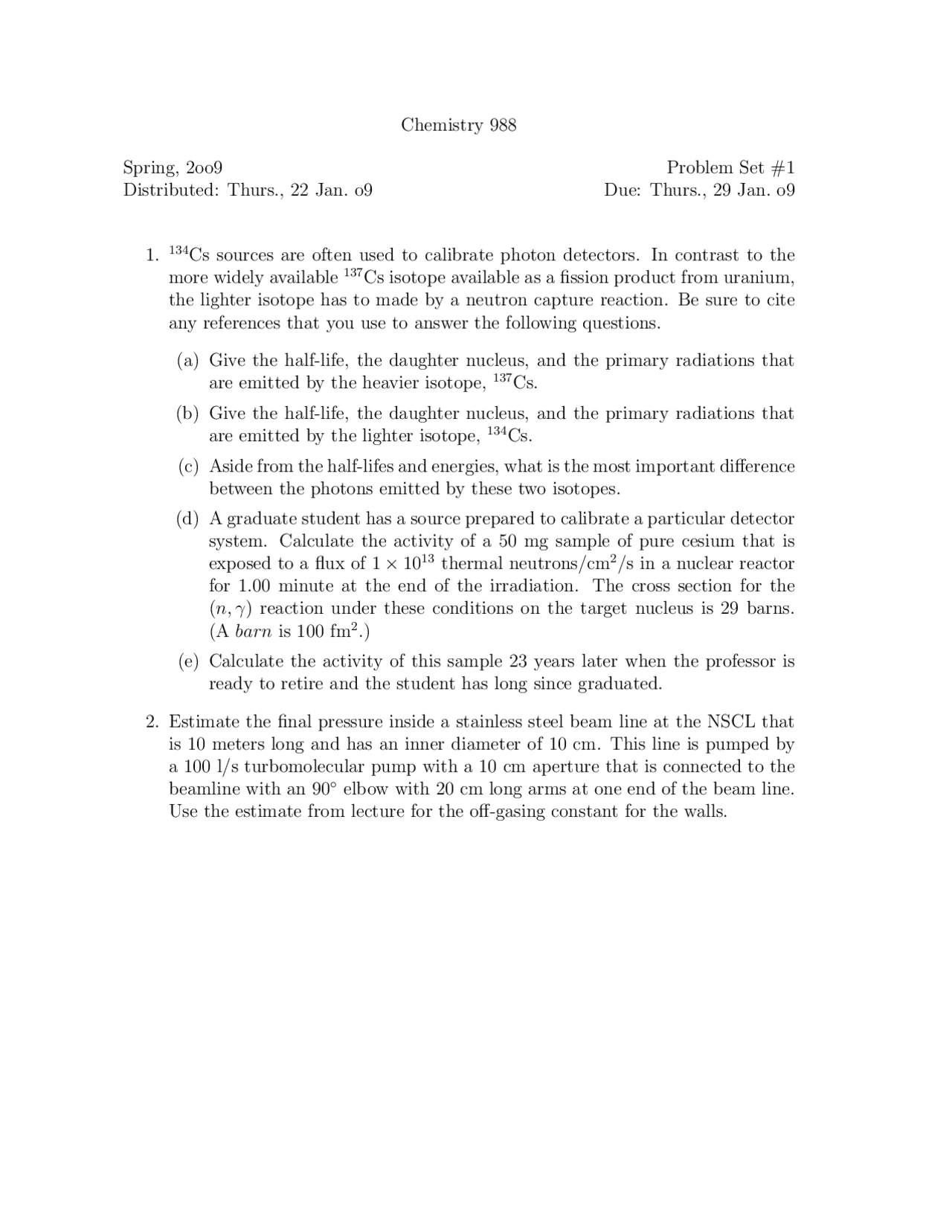 Problem Set 1 For Special Topics Physical Chemistry Ii Cem 988 Docsity