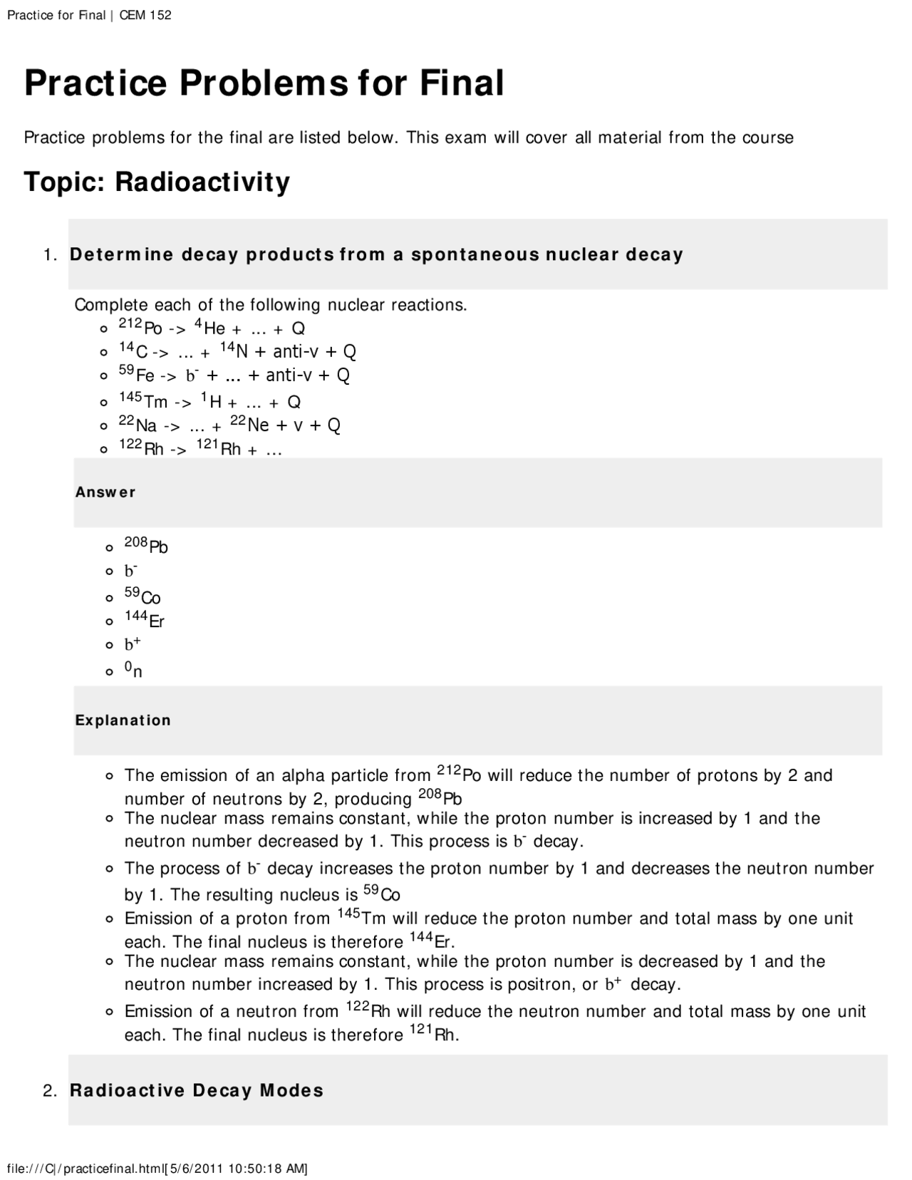 Solved Practice Problems For Final Exam Principles Of Chemistry Cem