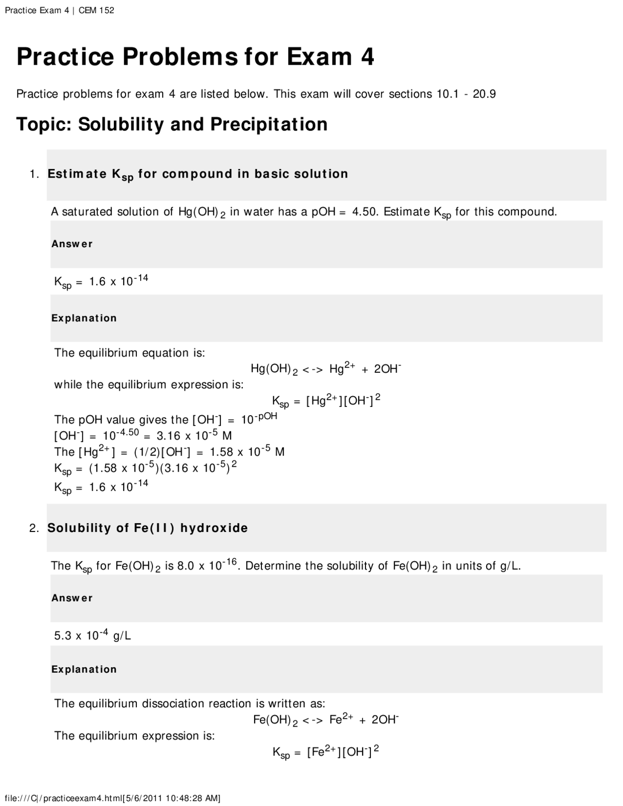 Practice Problems For Exam 4 Principles Of Chemistry Cem 152 Docsity