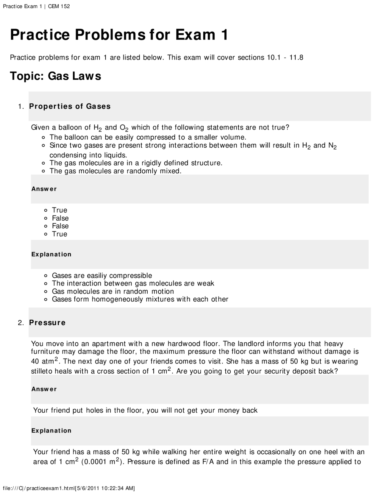 Principles Of Chemistry Solved Exam 1 Cem 152 Docsity