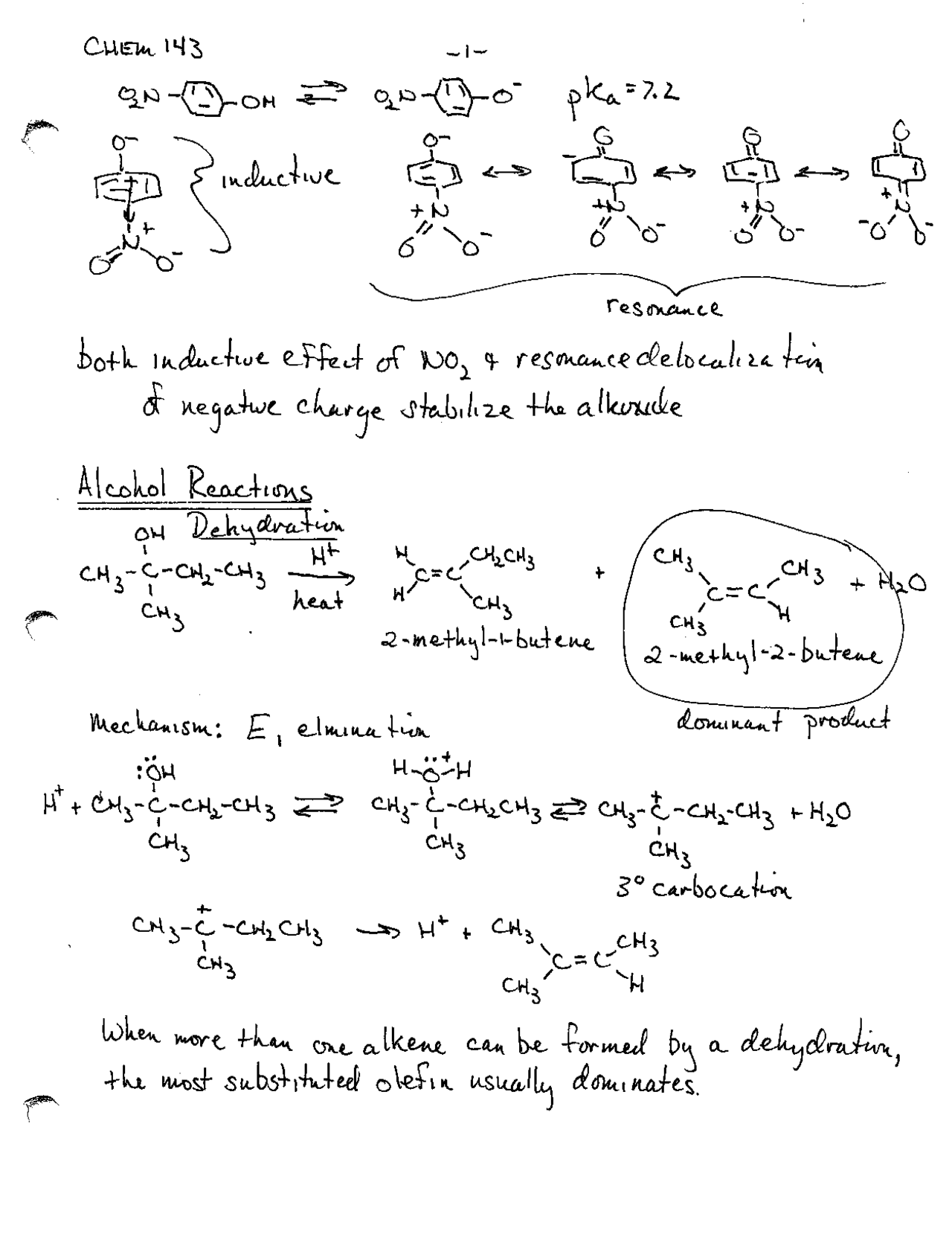 Handwritten Notes on Alcohol Reactions | CEM 143 - Docsity