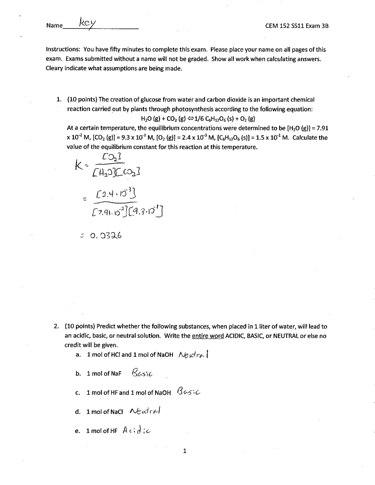Test Iii Solved Principles Of Chemistry Cem 152 Docsity