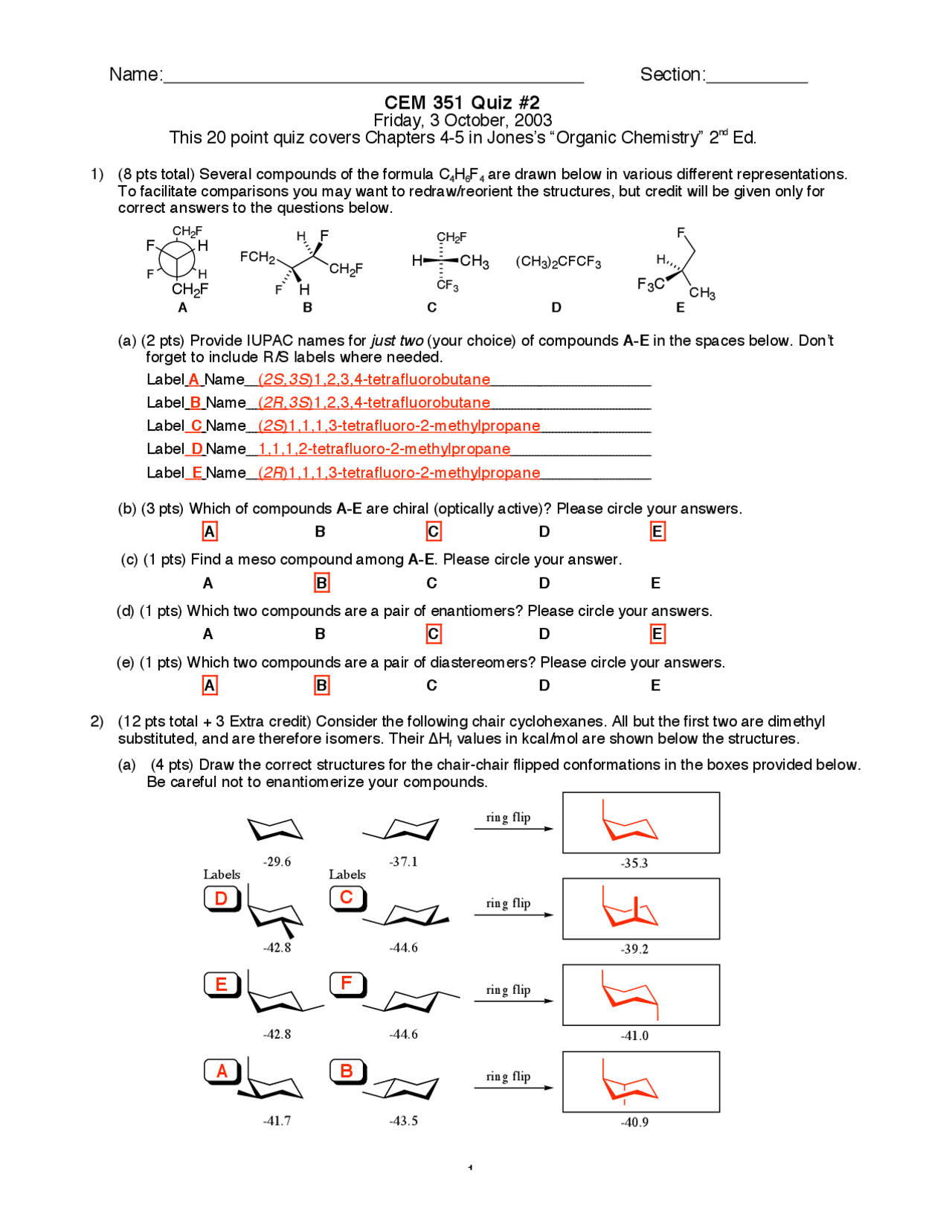 2 Solved Questions In Organic Chemistry I Quiz 2 Cem 351 Docsity