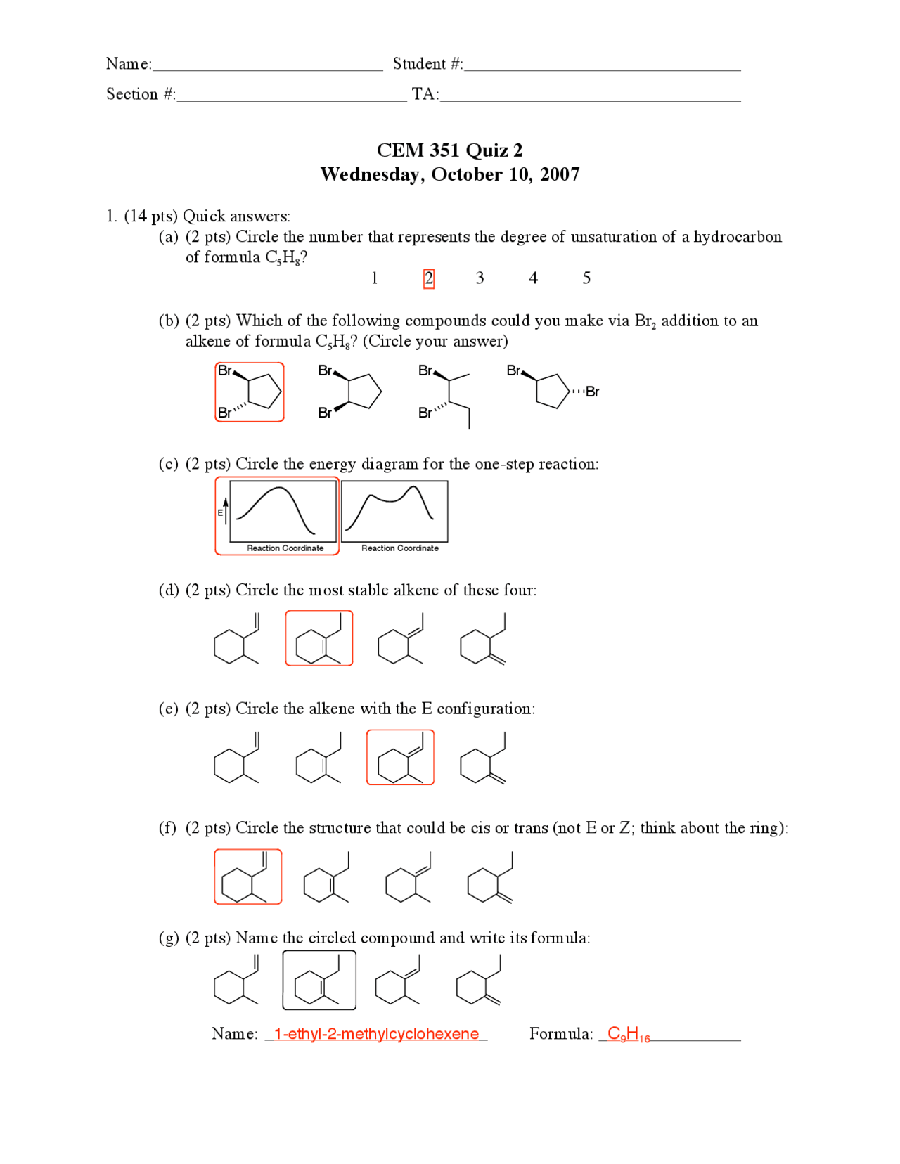 Quiz 2 With Answers Organic Chemistry I Cem 351 Docsity
