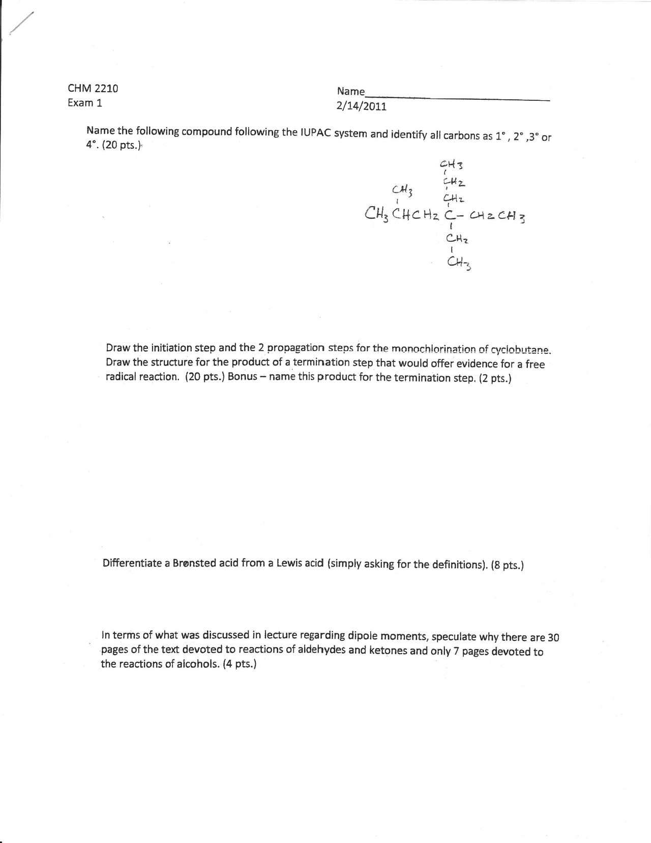 Unsolved Questions For Exam I Organic Chemistry I Chm 2210 Docsity