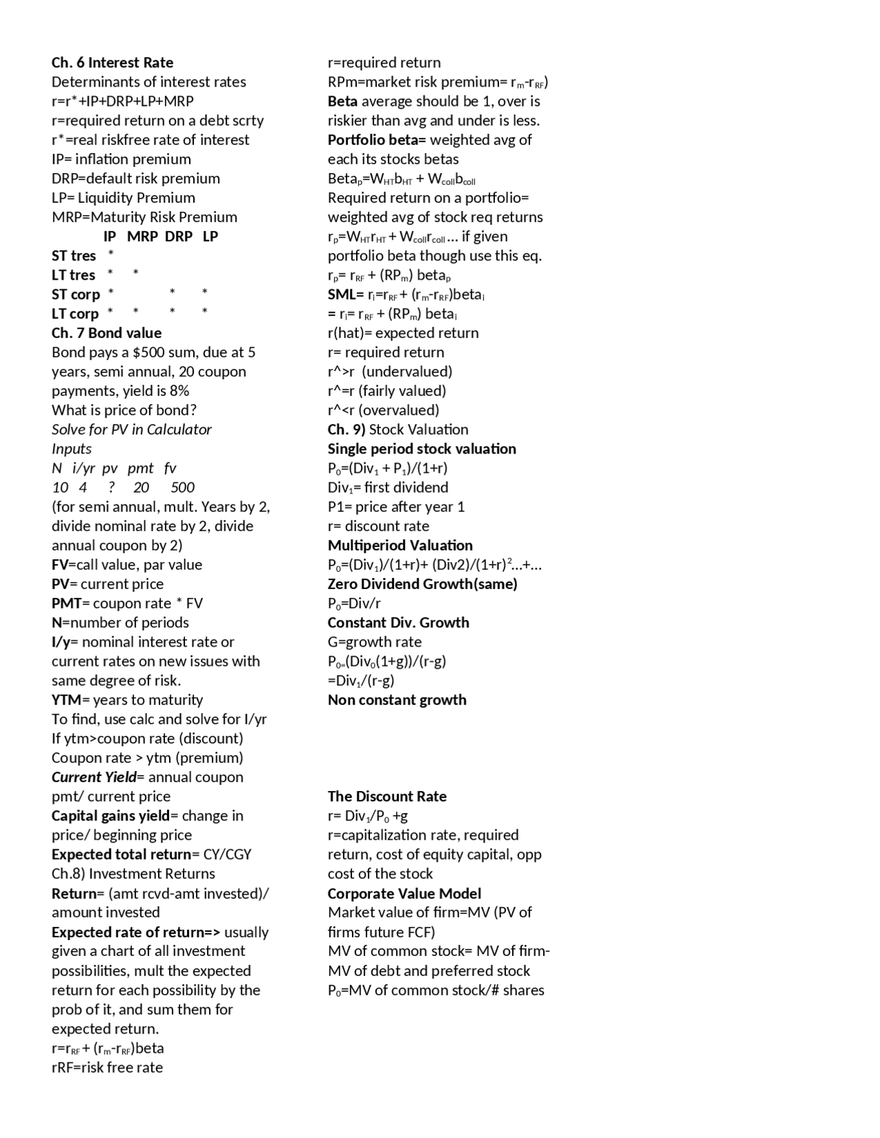 Notes Sheet For Exam 2 Business Finance Bmgt 340 Docsity
