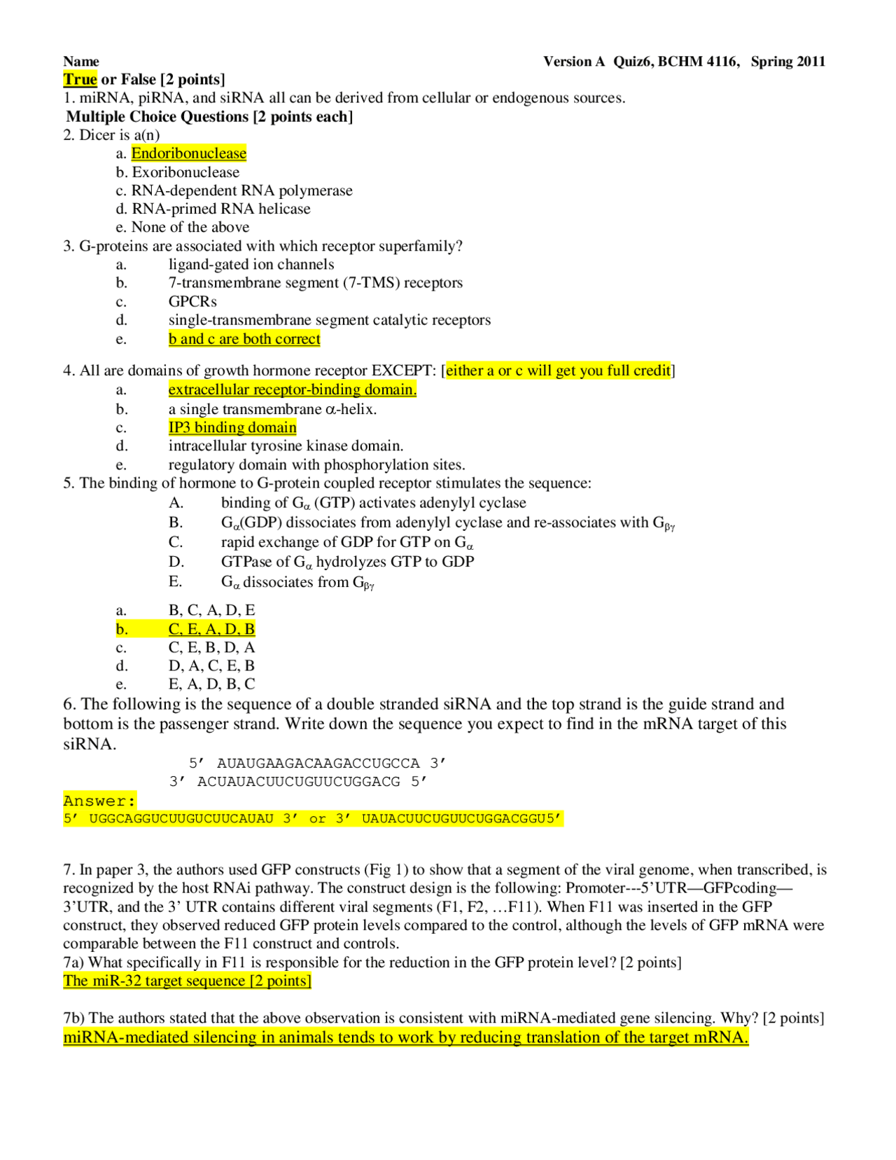 Solved Quiz 6 With For General Biochemistry Bchm 4116 Docsity