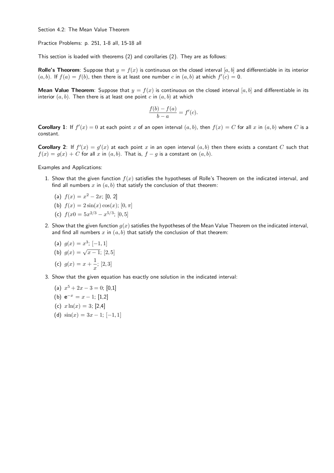 The Mean Value Theorem Calculus I For Science And Engineering Notes