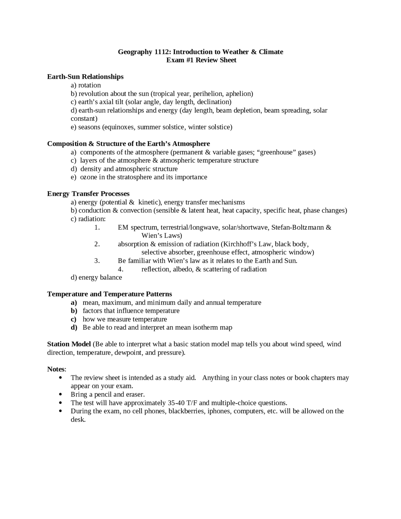 Review Sheet Exam 1 | Introduction to Weather and Climate | GEOG 1112 ...
