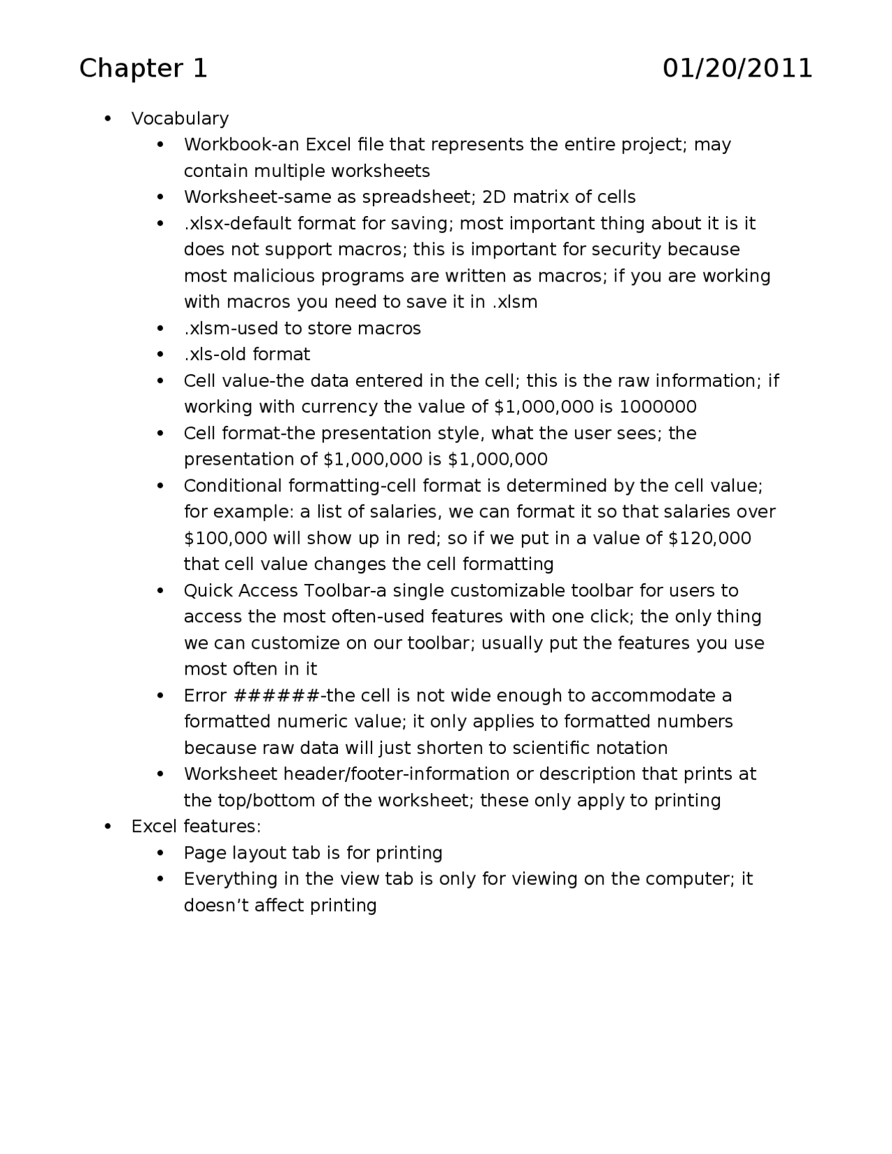 Vocabulary Excel Features Personal Computers In Business Notes