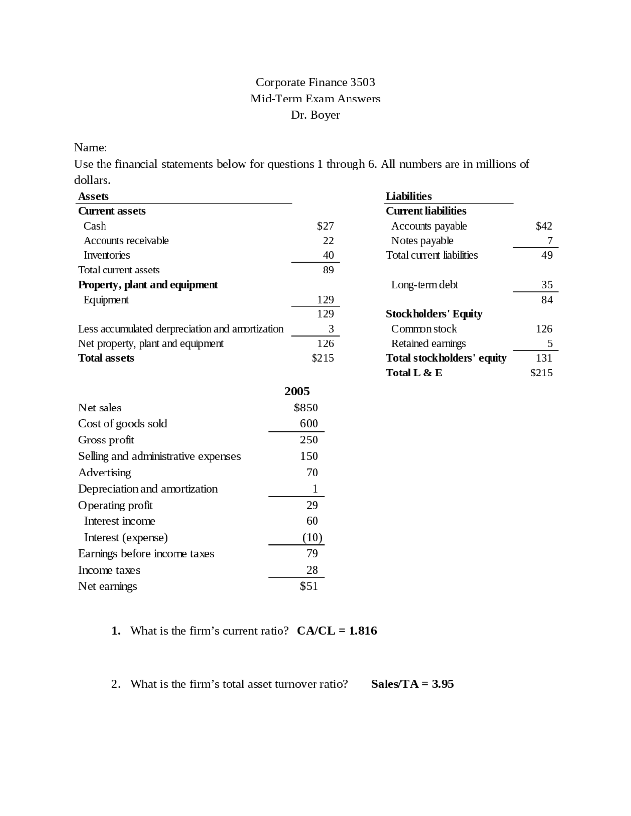 Midterm Exam Answers Corporate Finance Ii Fin 3503 Docsity