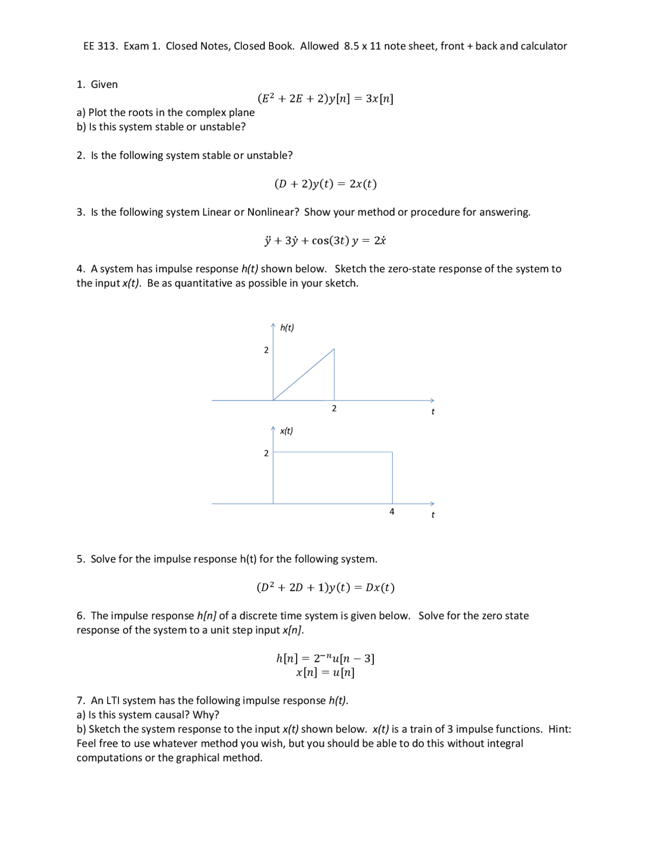 Midterm Exam 1 Linear Systems And Signals E E 313 Exams