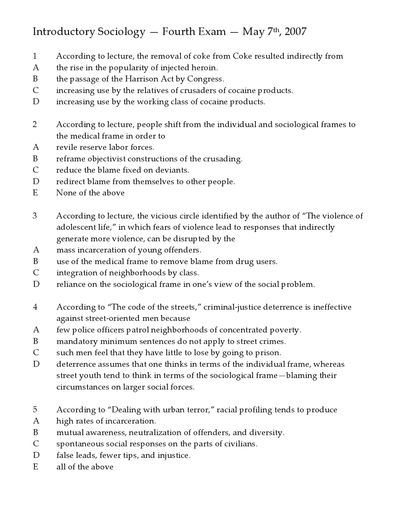Problems On The Introductory Sociology Exam 4 Soc 1004 Docsity