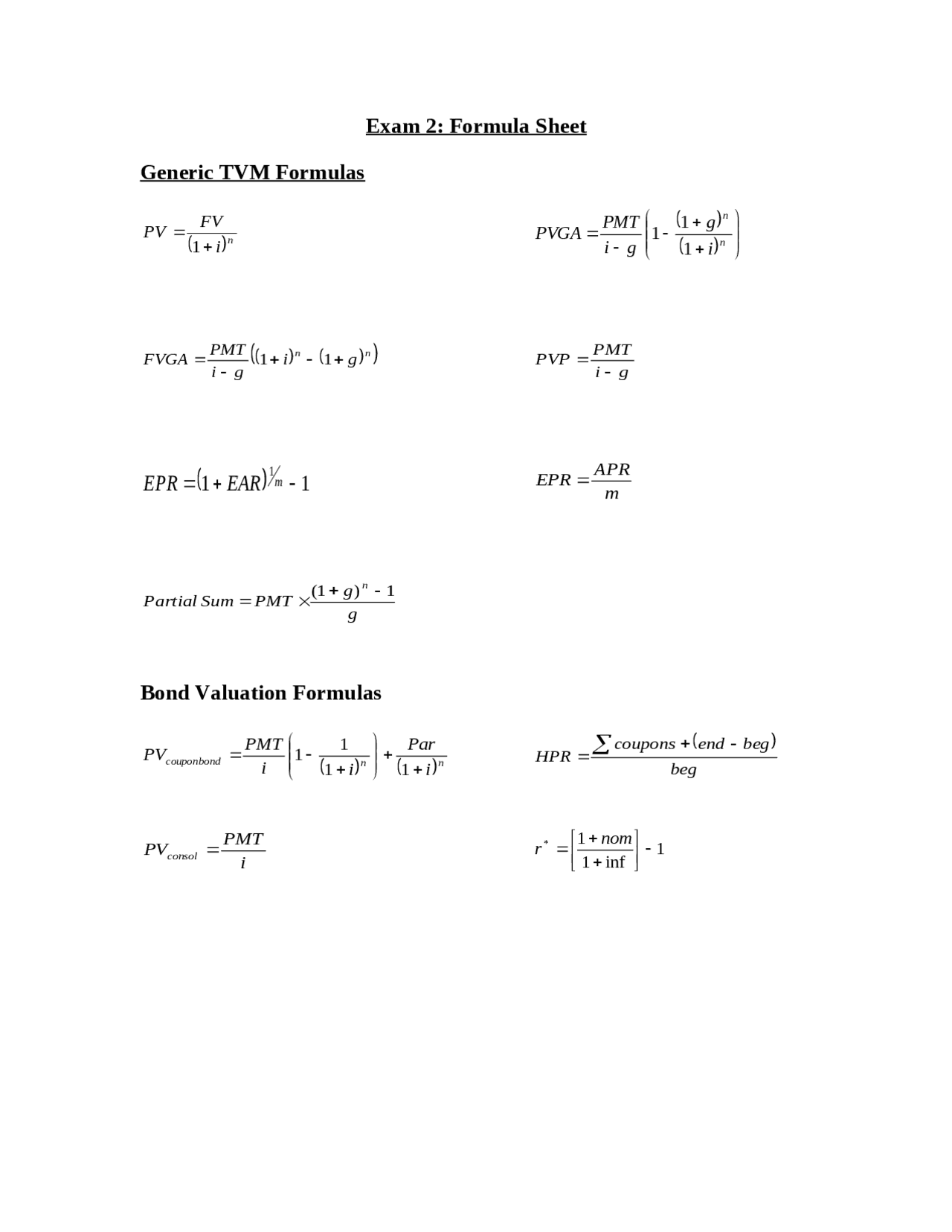 Exam Two Formula Sheet - Financial Analytics | FIN 3134 | Study notes ...