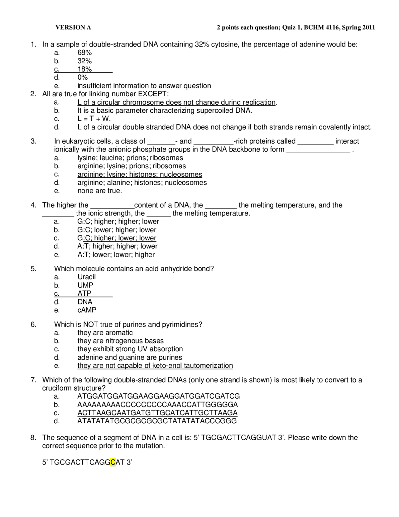 Structure of DNA Quiz, General Biochemistry | BCHM 4116 | Quizzes ...